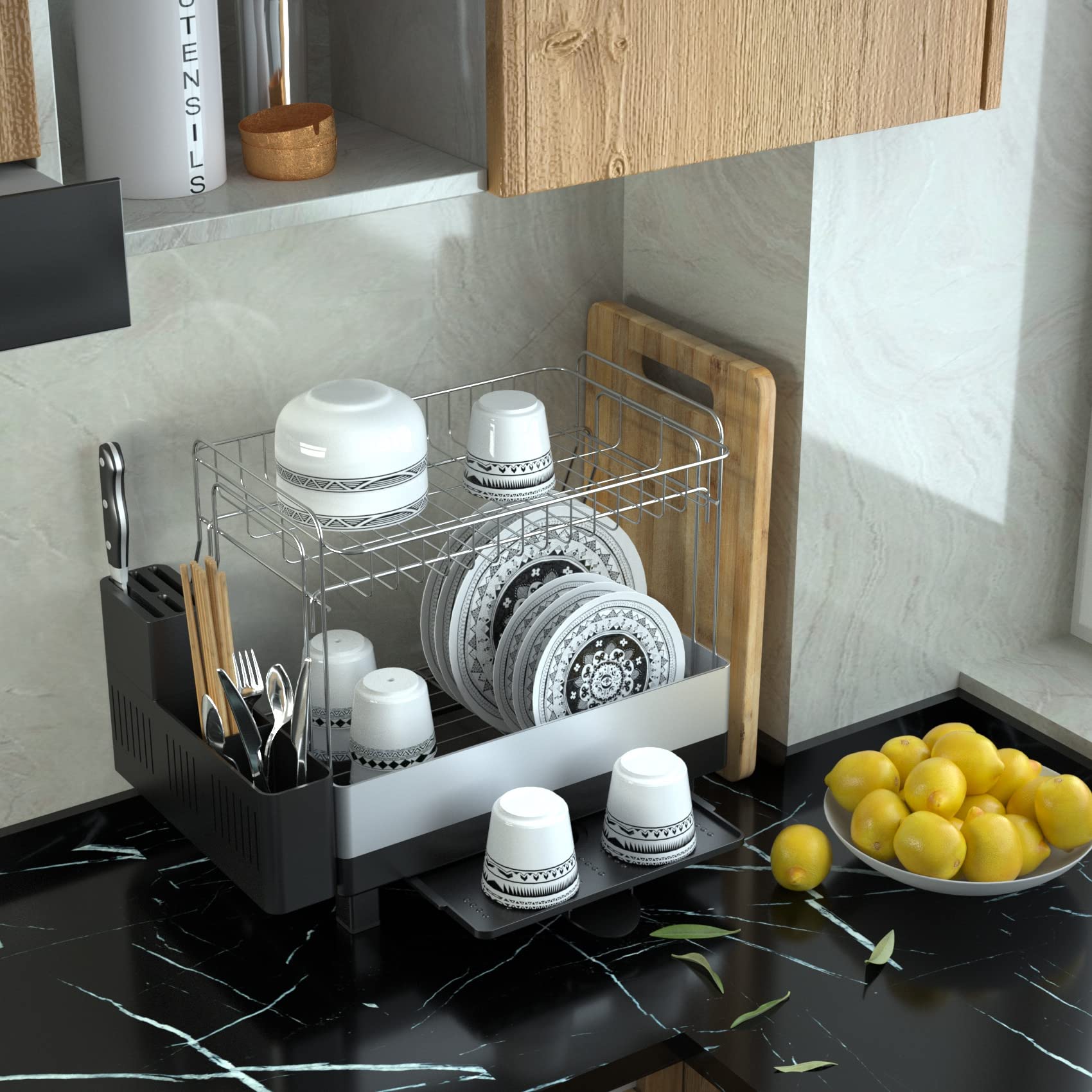 Klvied 2 Tier Dish Drying Rack 360 Degrees Swivel Spout, Silver