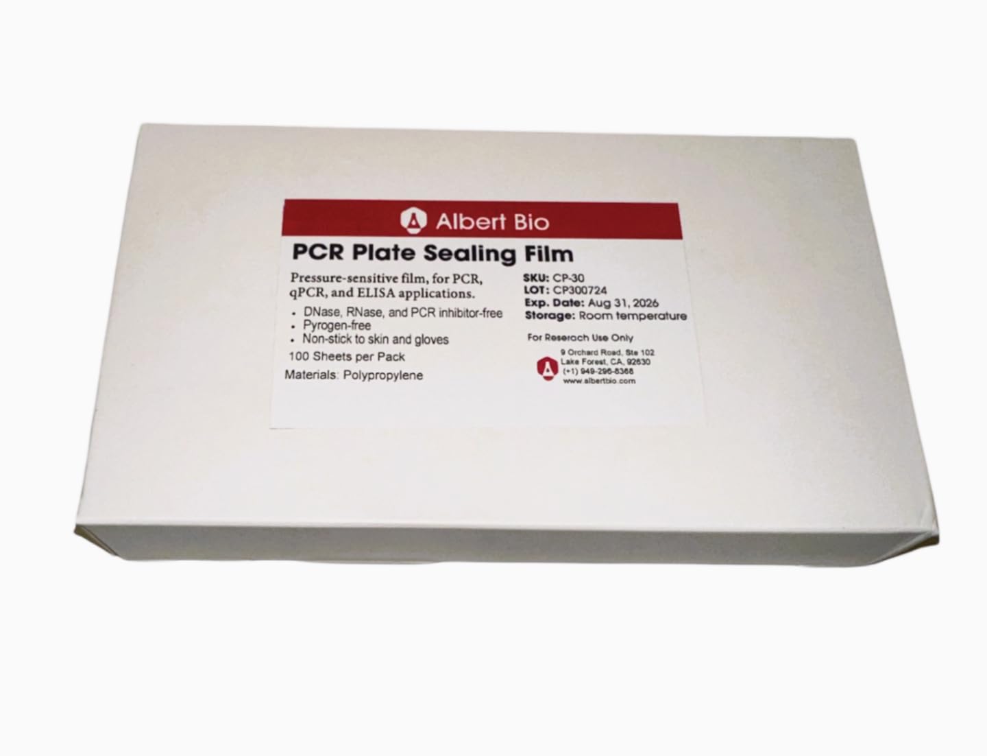 PCR Plate Sealing Film, Pressure-Sensitive Adhesive, Optically Clear Plate Sealing Film, for PCR, qPCR, and Elisa Applications. Materials: Polypropylene. 100 Sheets per Pack. Microplate Sealing Tape.