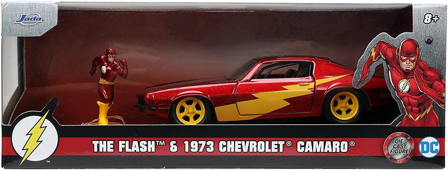 Jada Toys DC Comics 1:32 1973 Chevy Camaro Die-cast Car with The Flash Die-cast Figure, Toys for Kids and Adults, Red