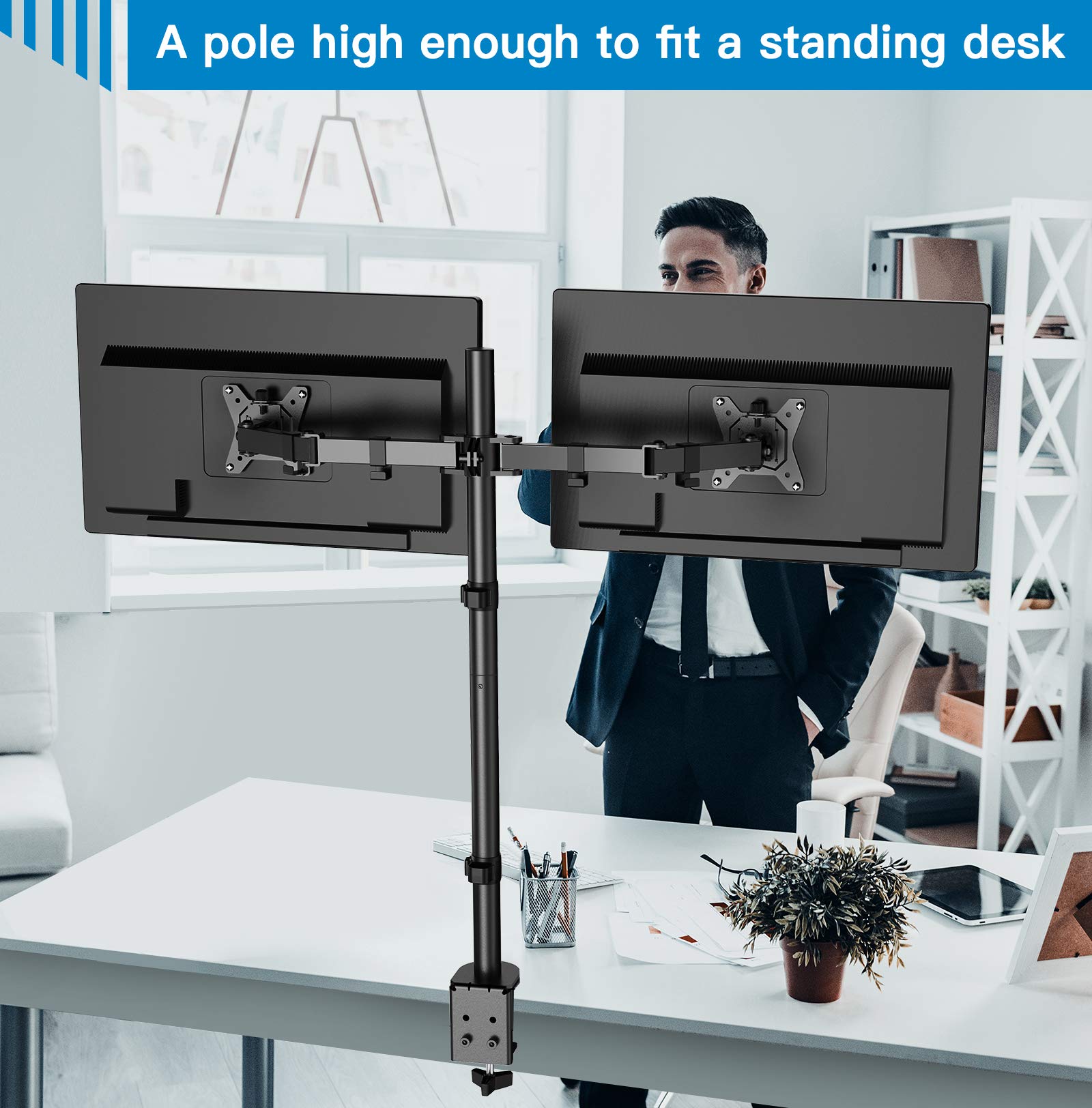 HUANUO Dual Monitor Stand with Extra Tall Pole 32 Inch, Fully Adjustable Monitor Mount, C Clamp & Grommet Mounting Base
