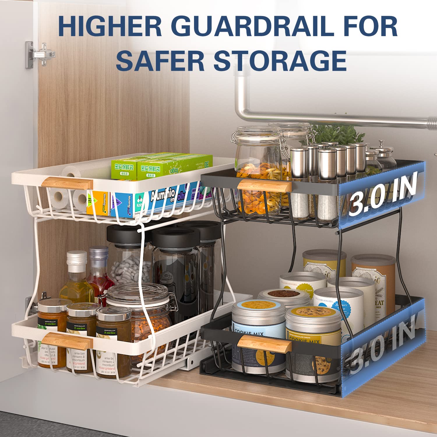 HTOH 2 Tier Under Sink Organizer with Sliding Storage Drawer, Pull Out Cabinet Organizer, Multi-purpose Slide-Out Storgae Basket with Handles for Kitchen, Bathroom