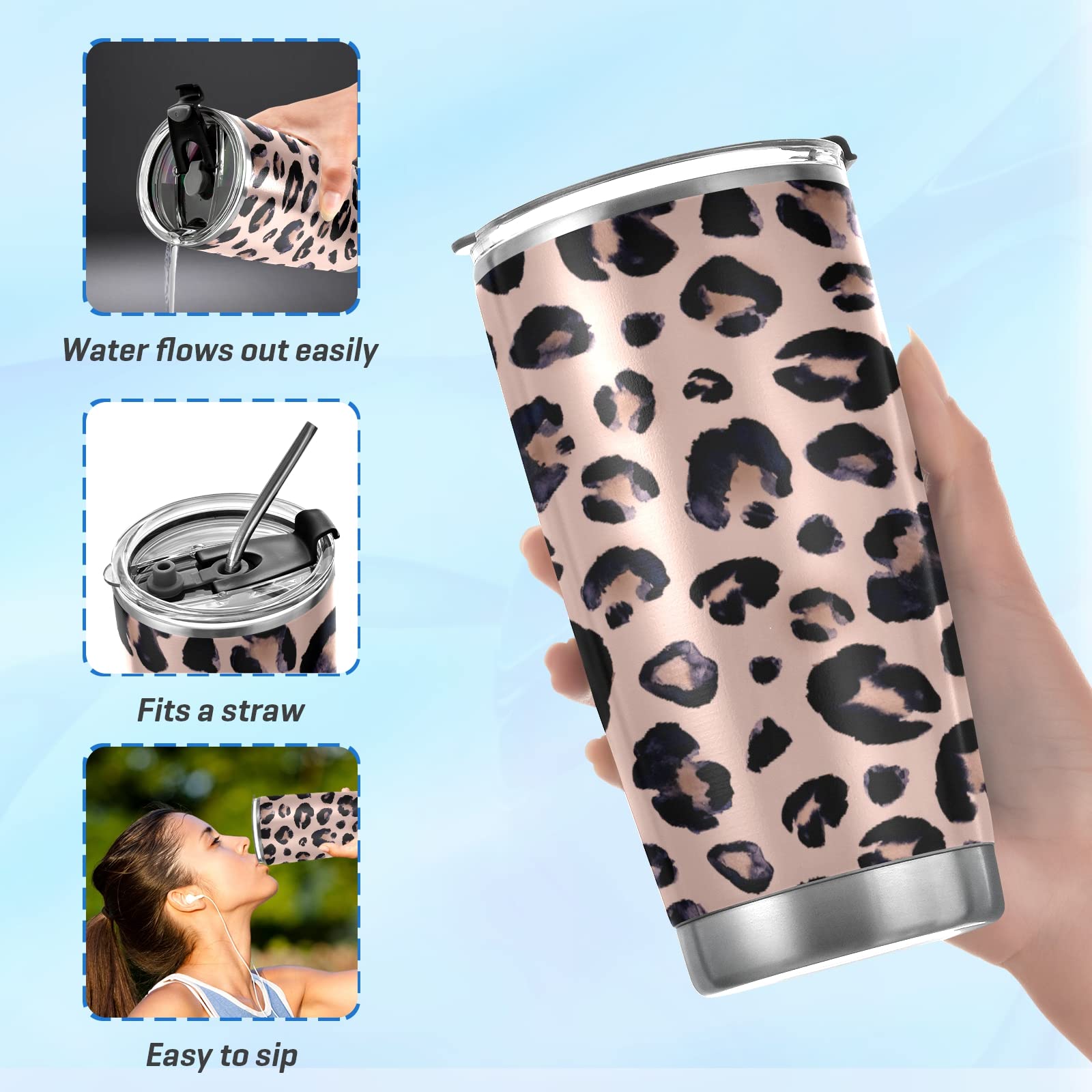 Leopard Print Cheetah Pink Insulated Tumbler Cup with Straw Lid Vacuum Reusable Stainless Steel Water Bottle Coffee Travel Mug 20oz