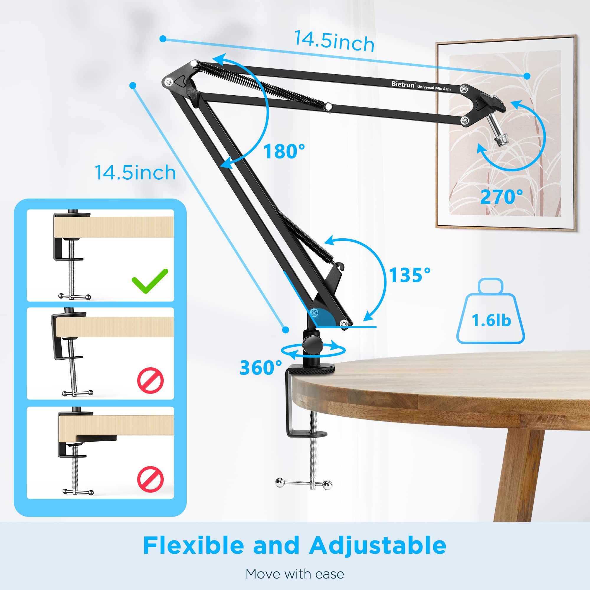Mic Arm Desk Mount for HyperX QuadCast,Blue Yeti,Shure Sm7b,Boom Arm Mic Stand 360°Rotable with 3/8" to 5/8" Adapter,Mic Clip,2.5" Clamp for Handheld Mics,Podcast,Gaming,Recording,Large