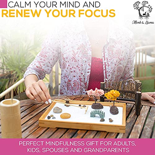 Japanese Zen Garden Kit for Desk - Sand Garden Tools Accessories Box Set for Office Desktop - 12x7.5" Large Bamboo Tray, White Sand, Pebbles, Rake Tools - Mini Table Zen Garden Kit - Meditation Gifts