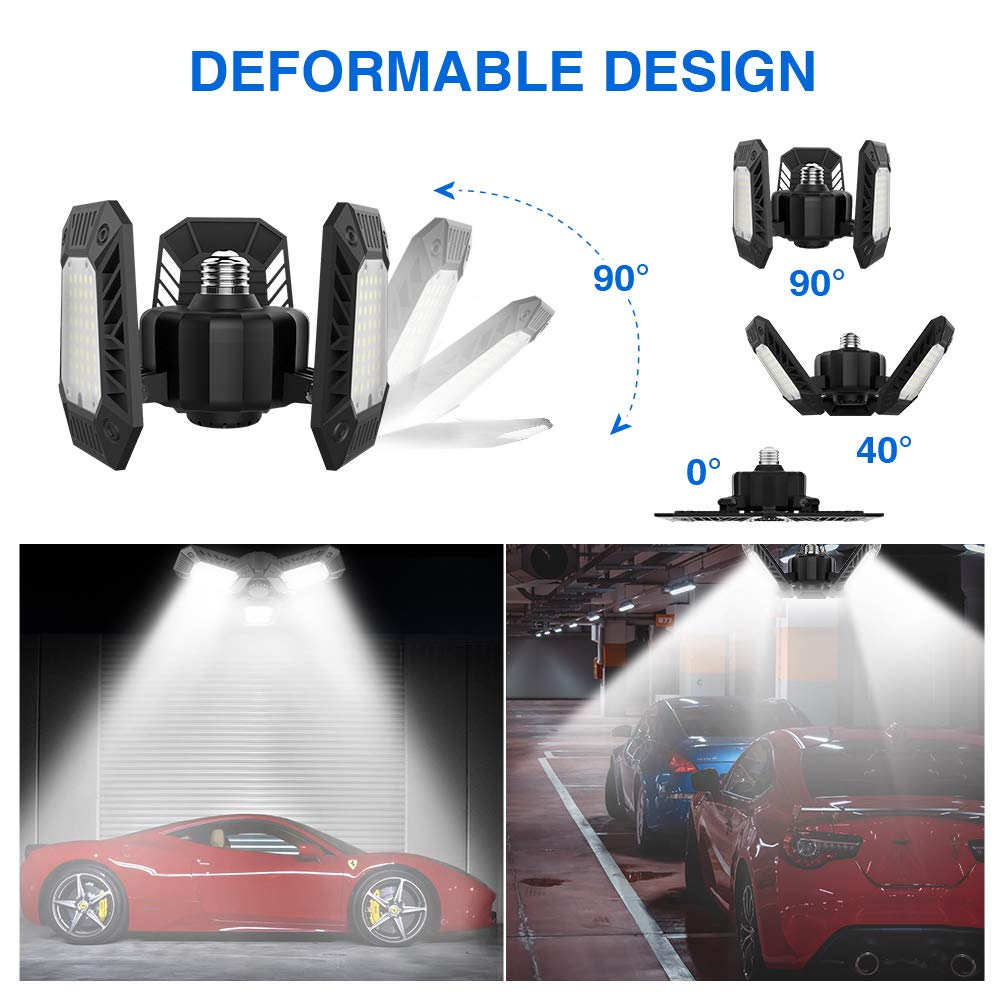 huolaihuowang LED Garage Lights, 80W 270° Deformable Garage Ceiling Light 8000LM 6000K E26 Basement Lights with 3 Adjustable LED Panels Fits for Garage, Warehouse, Barn, Workshop and Yard…