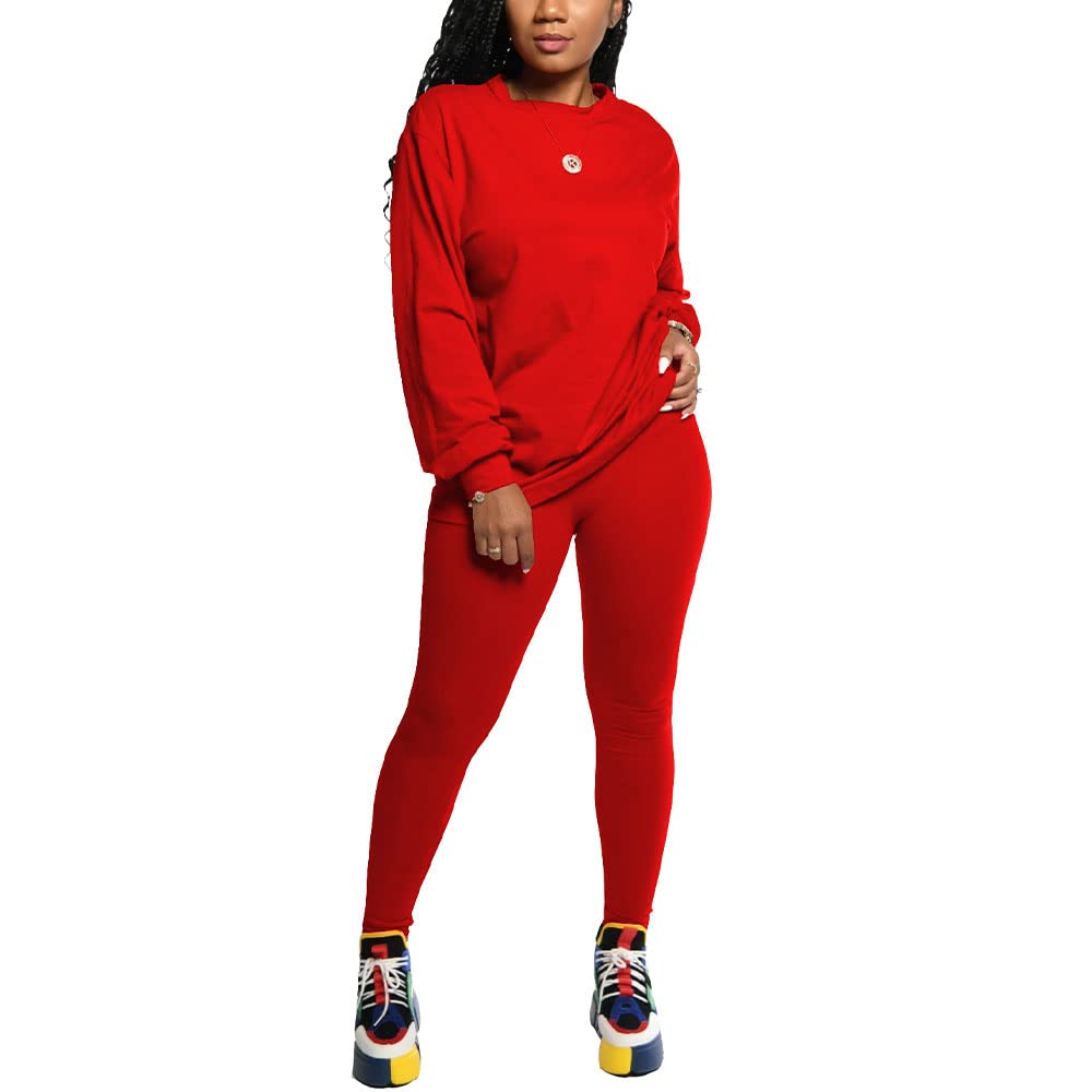PINSV Womens 2 Piece Outfits Long Sleeve Sweatsuits Outfits Jogging Suits Sweat Loungewear Sets Red L