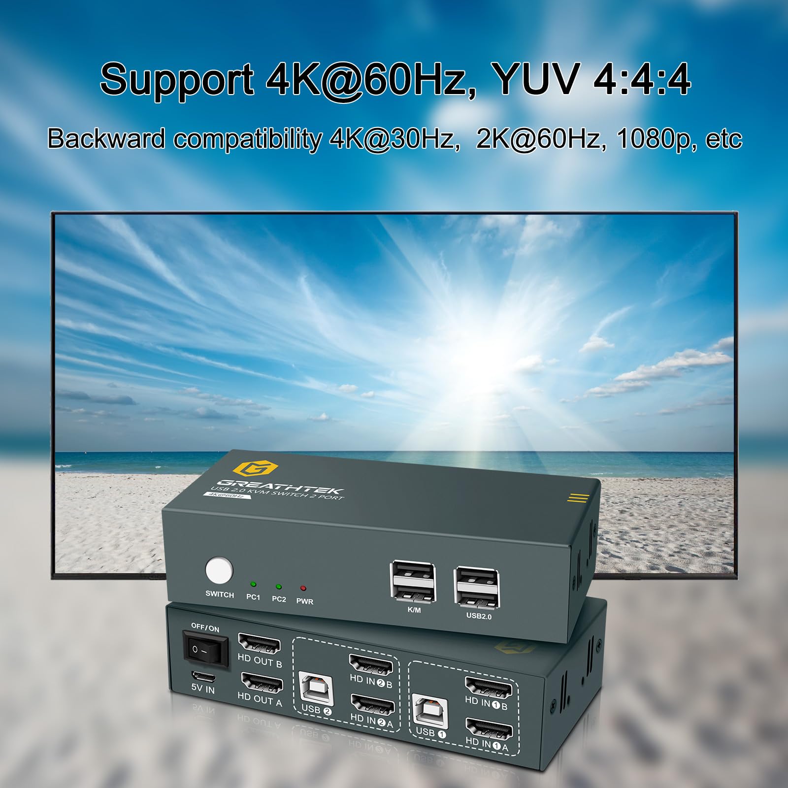 KVM Switch HDMI 4 Port 4K@60Hz,4USB 2.0,Support The Input of USB2.0 Devices Such as Printers,HDCP2.2,YUV 4: 4: 4,All Needed Cables,Support Wireless Keyboard and Mouse(New Version)