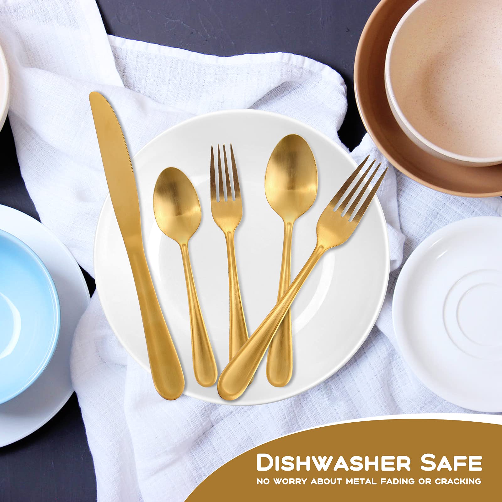 Matte Gold Silverware Set - viishow 20-Piece Stainless Steel Flatware Set for 4, Matte Gold Tableware Modern Satin Finished Kitchen Cutlery Set Eating Utensils Set, Dishwasher Safe