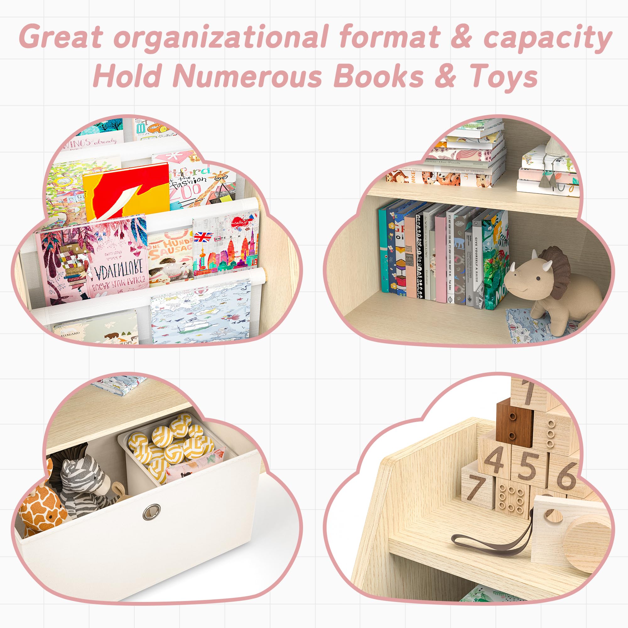 TOETOL Kids Bookshelf & Book Storage,4 Sling Wooden Toddler Book Shelf,2-Tier Wooden Open Bookcase & Storage Organizer Boxes for Nursery, Playroom, Bedroom