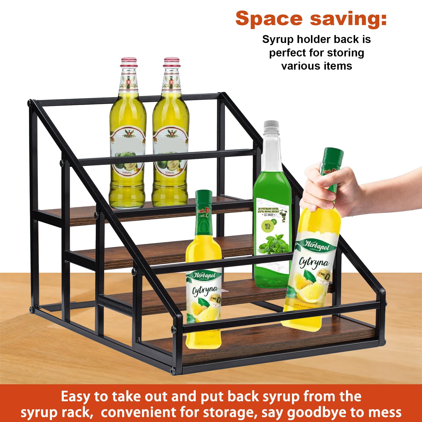 Oarianp Coffee Syrup Rack Organizer, Coffee Bar Syrup Bottle Rack, Wine Rack, Kitchen Countertop Condiment Storage Rack, Rustic Brown,Coffee Bar 4-Tier 16 Bottles Storage Shelves
