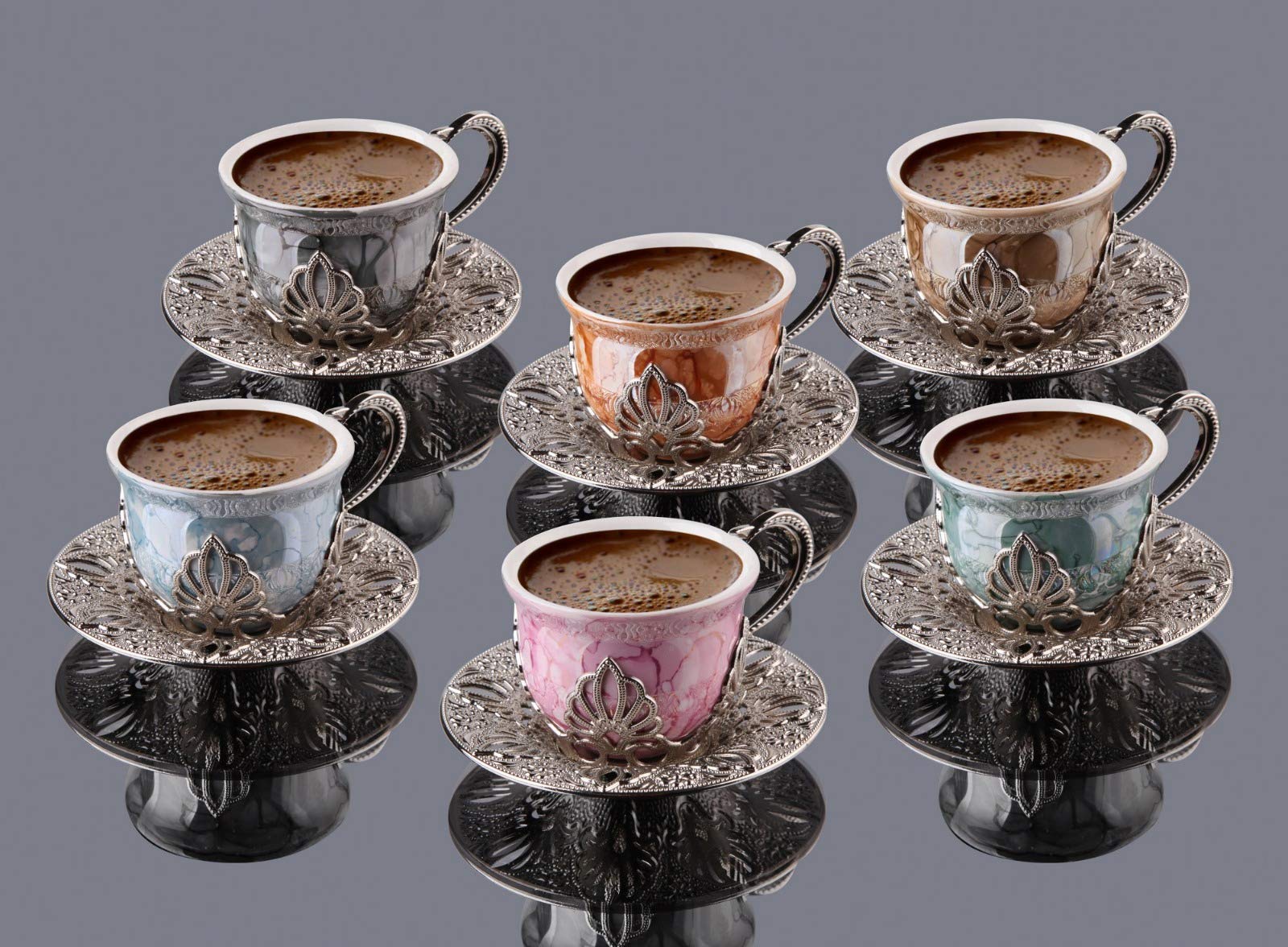 LaModaHome Espresso Coffee Cups with Saucers Set of 6, Porcelain Turkish Arabic Greek Coffee Cups for Women, Men, Adults, Guests or for Tea Party. Cappuccino Cups for Latte - Silver/Mixed Color
