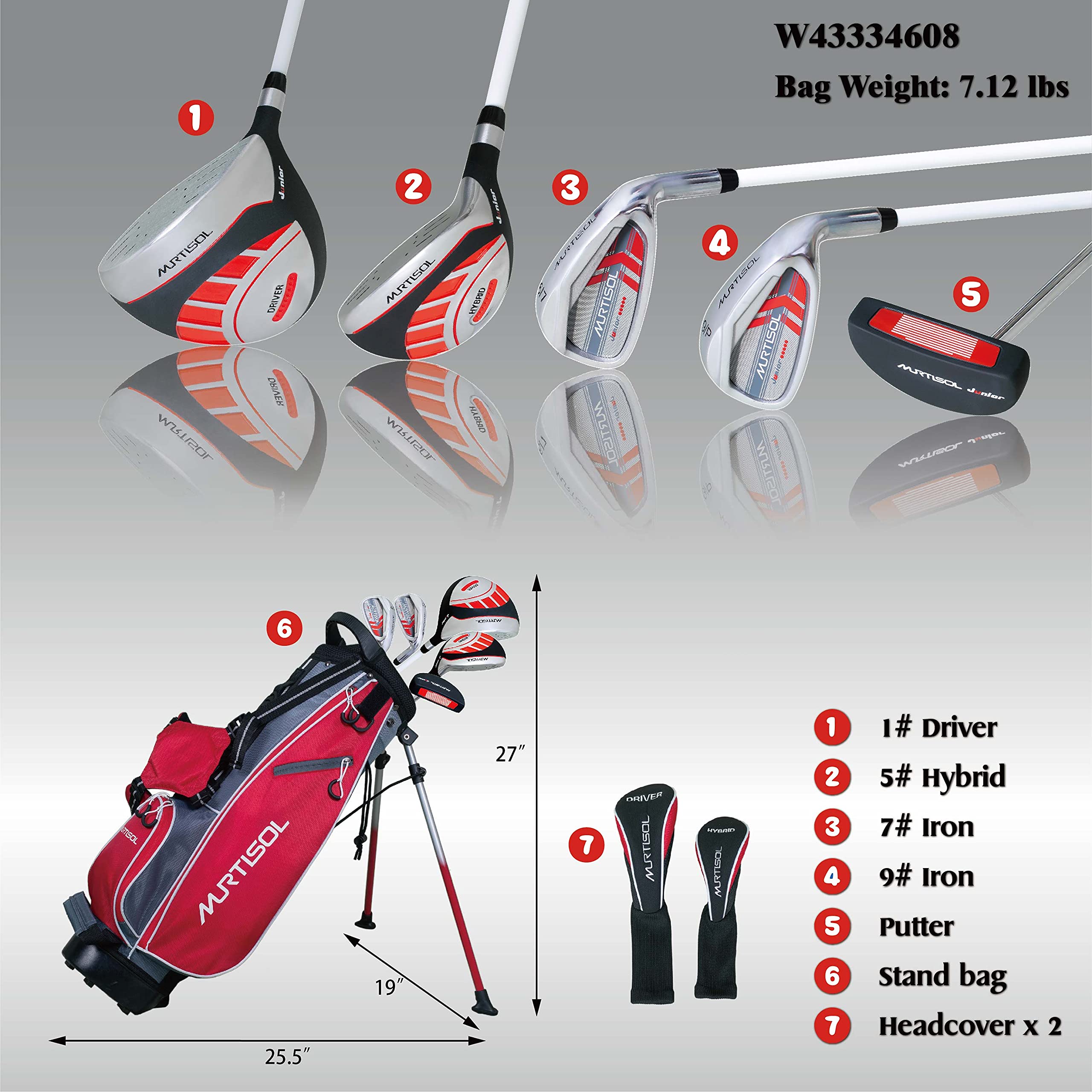 Lightweight Junior Golf Clubs,Golf Club Set for Children Kids,5pc,8-10 Age,11-13 Age Groups Boys & Girls,Right Hand (Ages 8-10 Red 5PC)