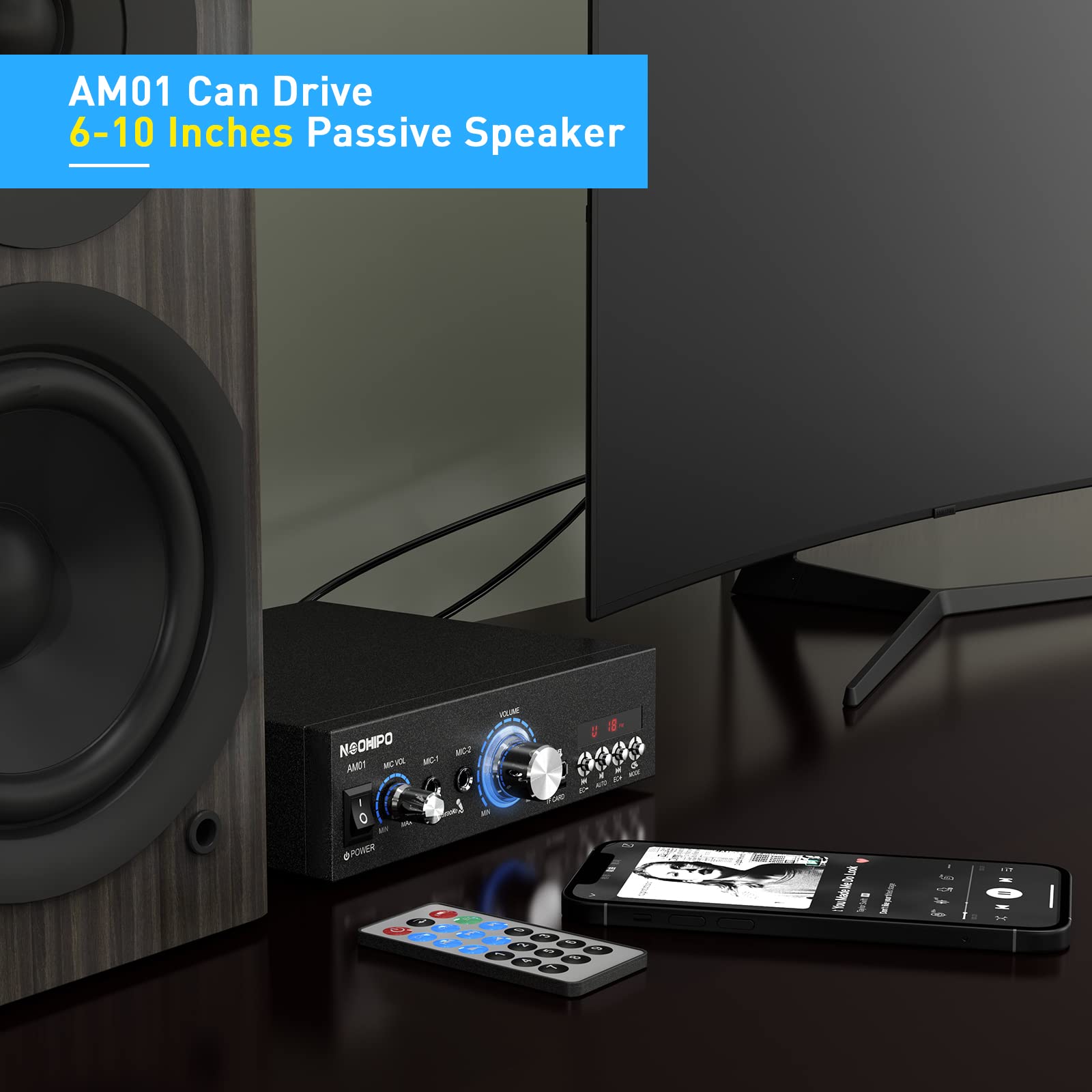 NEOHIPO AM01 150Wx2 Class AB Bluetooth 5.0 Stereo Power Amplifier Wireless 2.0CH Audio Receiver Component Amp for Home Passive Speakers with Remote Control RCA/USB/TF Card/2 MIC Input FM Radio