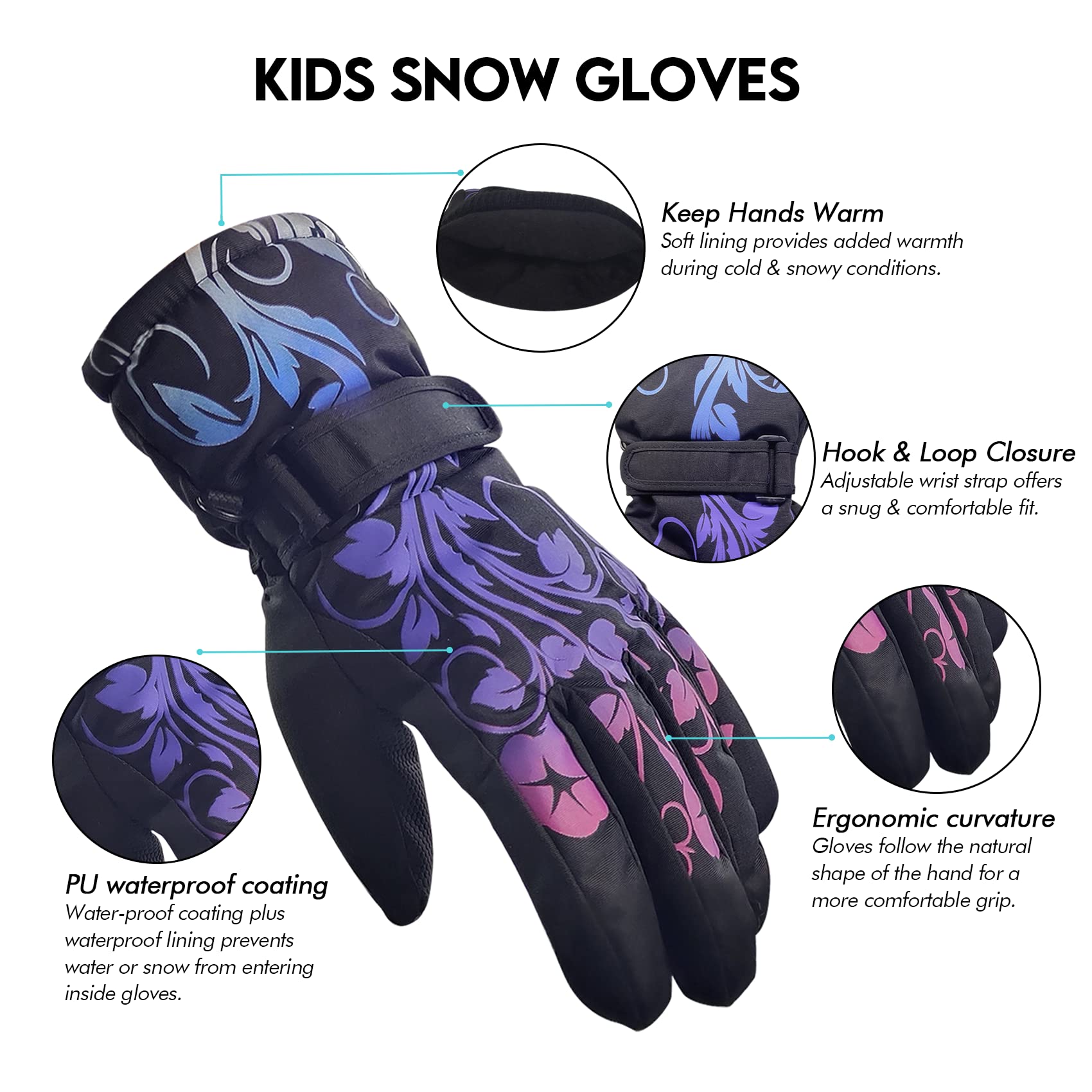 HIGHLOONG Kids Waterproof Ski Snowboard Cold Weather Winter Gloves 5-finger with 3M Thinsulate for boys girls (10/12)