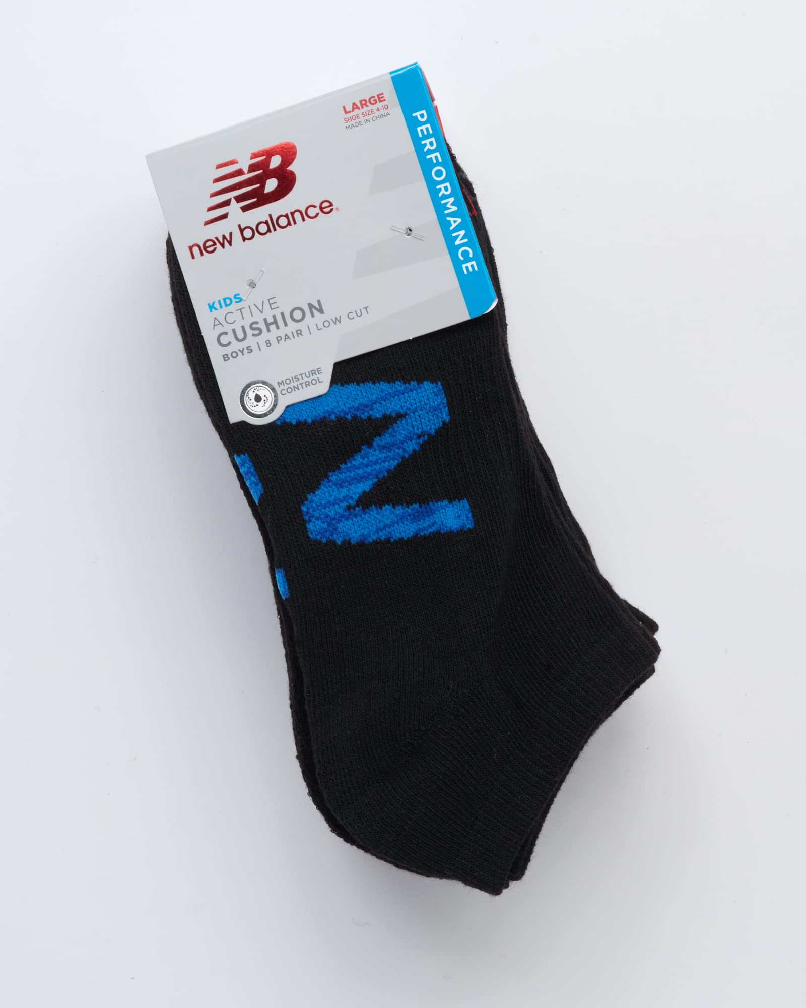 New Balance Boys Low Cut Socks - 8 Pack Performance Cushion Comfort No Show Socks - Breathable Athletic Socks for Boys (4-12), Size Large, Pure Black