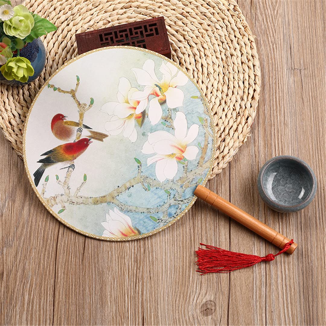 Lmtossey Single-Sided Silk Cloth Printing Chinese Style Round Fan with Wooden Handle Portable Printed Vintage Fan Dance Round Fan