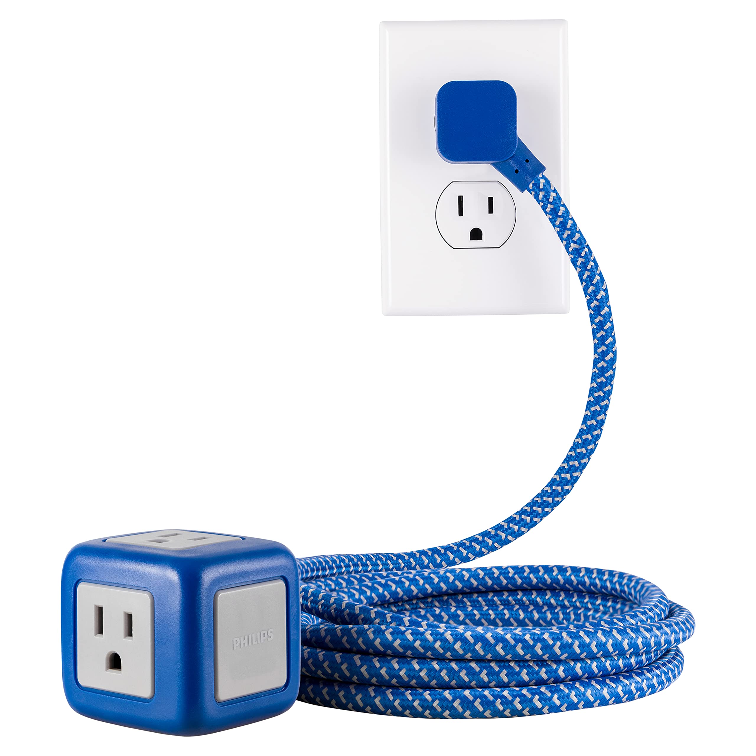 Philips Accessories 3-Outlet Extension Cord Cube with 2 USB-A Ports, 10 Ft Extra-Long Power Cord, Outlet Extender, Braided Cord, Space-Saving Flat Plug,2.4A, Rubberized Finish,Blue/Gray,SPS3102DB/37