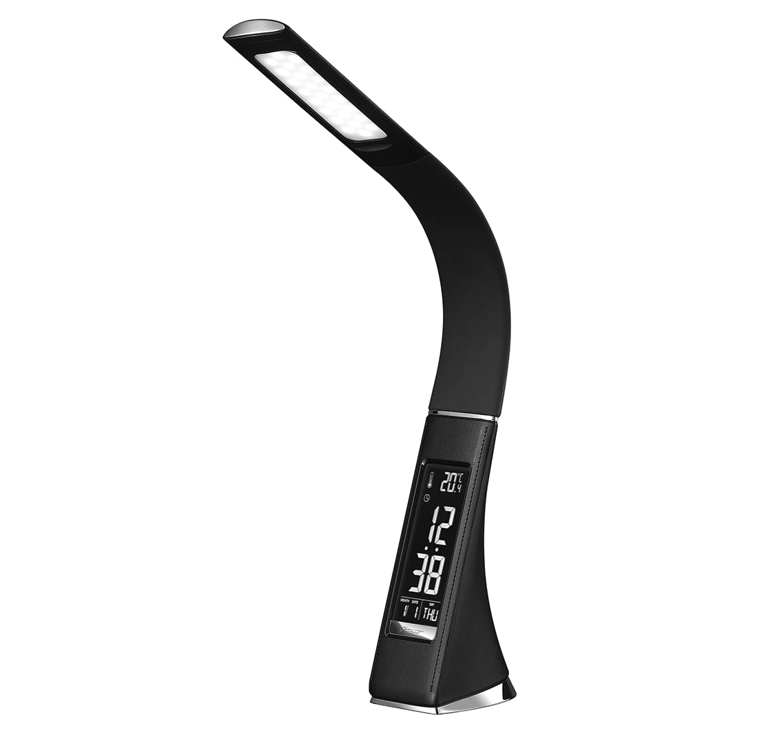 LED Desk Lamp Flexible Gooseneck with Clock Calendar and Temperature,Office Gift Ideas,Touch Dimmable Table Lamp with 3 Levels Brightness,Modern Light for Home Office and Dorm-Black (YF-U2)