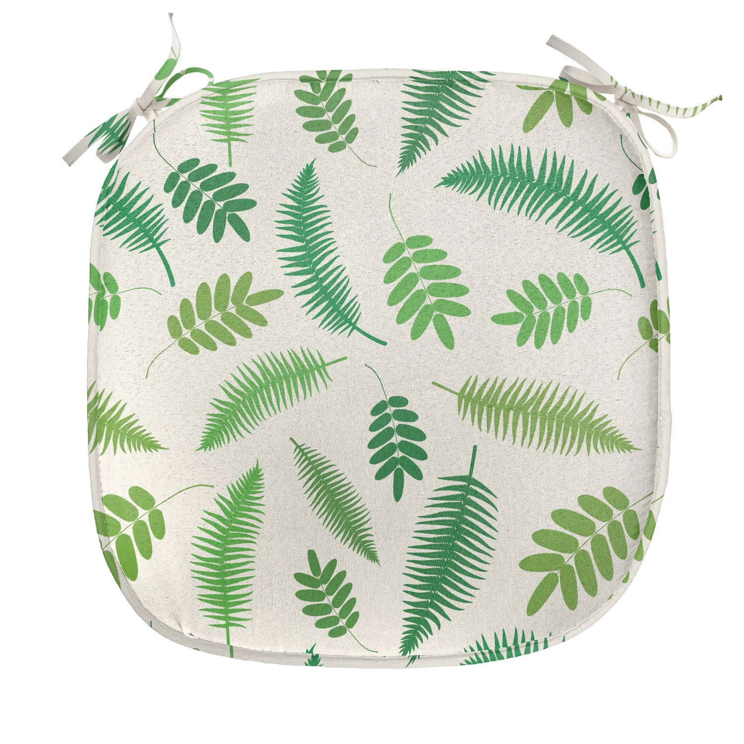 Lunarable Fern Pattern Chair Seating Cushion Set of 4, Nature Botanical Design Art Image Various Style Fronds Illustration, Anti-Slip Seat Padding for Kitchen & Patio, 16"x16", Ivory and Lime Green