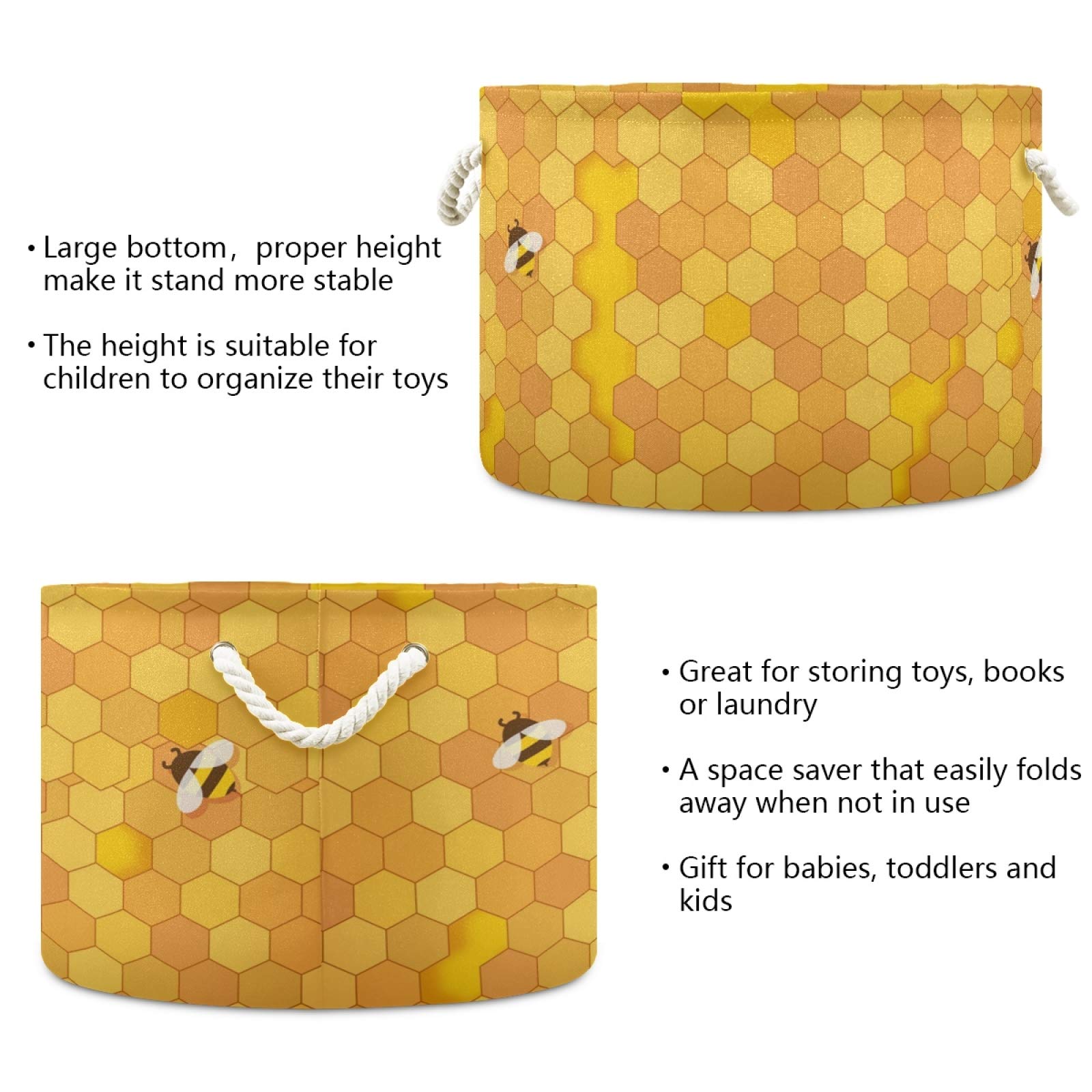 Large Round Storage Basket - Honey Bee Yellow Canvas Laundry Hamper Toy Storage Bin for Kid’s Living Room
