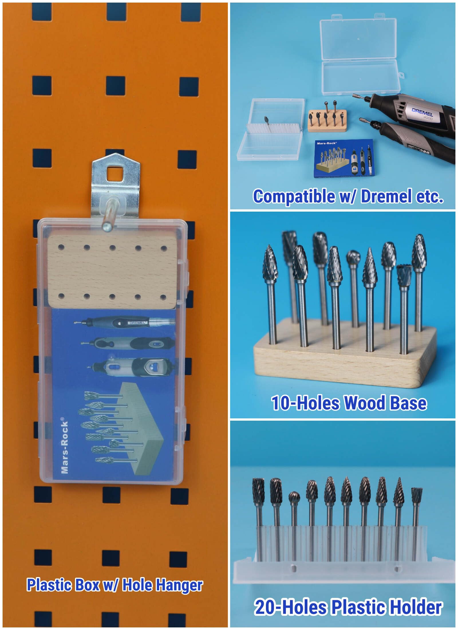 Mars-Rock Carbide Burr Set Compatible with Dremel Milwaukee 1/8" Shank 10PCS w/Wood Base Die Grinder Rotary Tool Rasp Bits Accessories Attachments Metal Wood Stone Plastic Carving Cutting Grinding