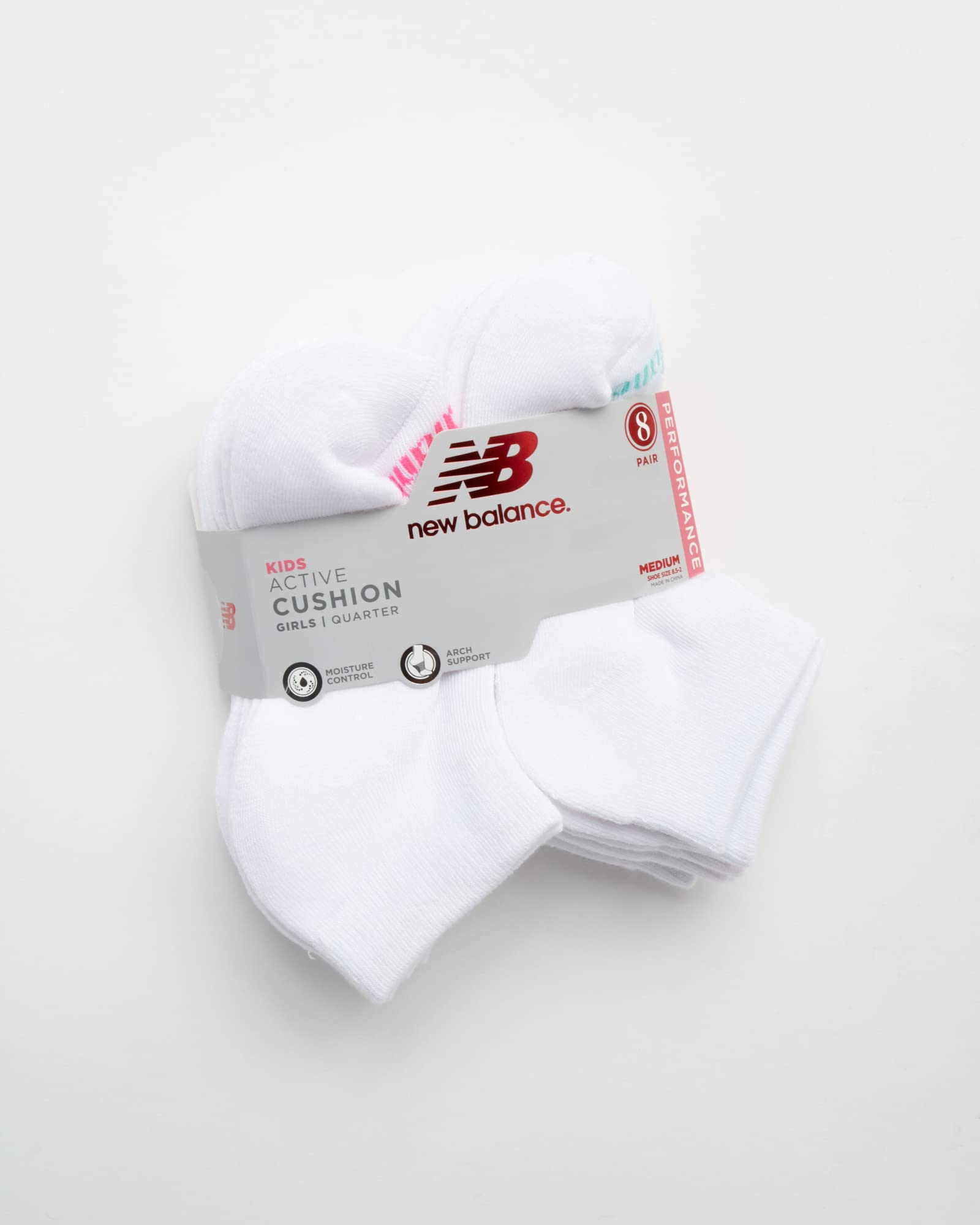 New Balance Girls' Athletic Socks - Cushion Quarter Cut Ankle Socks (8 Pack), Size Medium, White