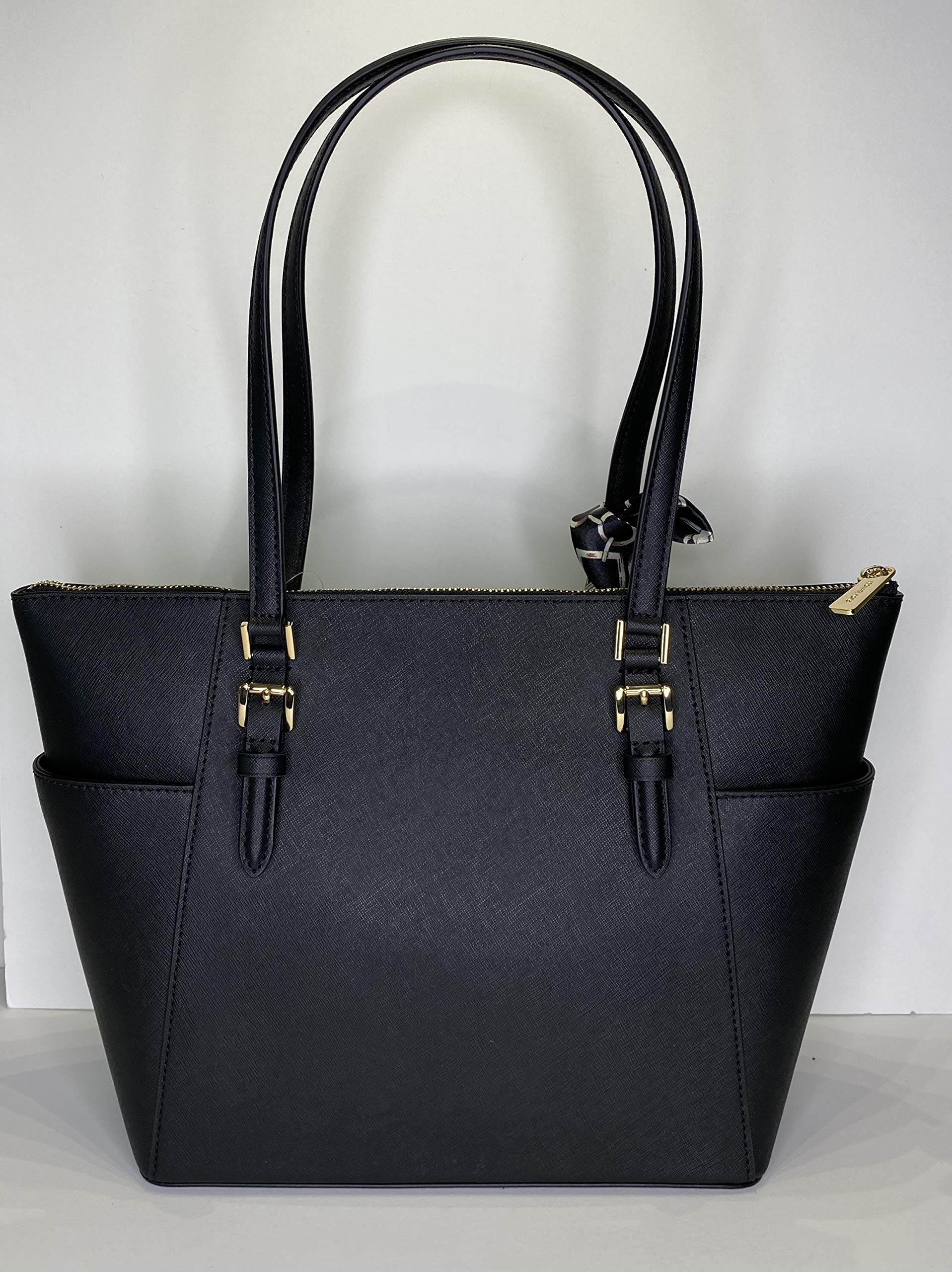 Michael Kors Charlotte Large Zip Tote bundled with matching Trifold Wallet Purse Hook (Signature MK Vanilla/Pink)