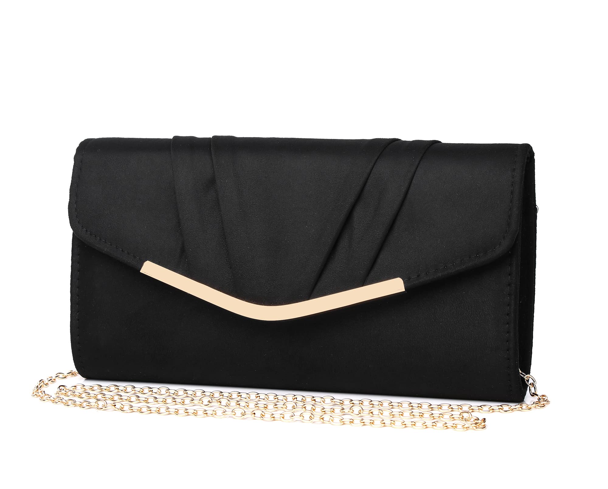MUDUO Women Faux Suede Envelope Clutch Purse Evening Handbag Foldover Shoulder Crossbody Bag (Black)