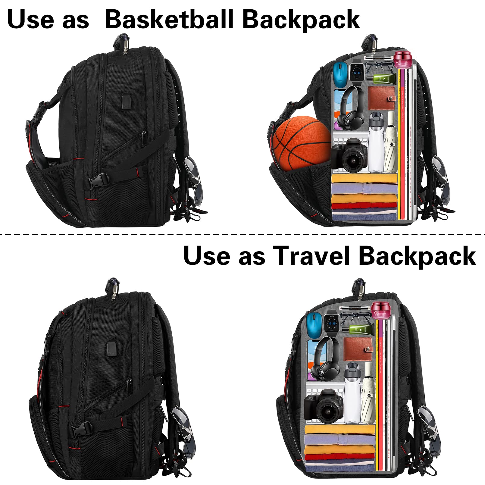 Jiefeike Travel Laptop Backpack, Extra Large Bookbag for Men School College Student Women,Basketball Backpack Fits 17 Inch Computer Notebook with USB Charging Port RFID Anti Theft TSA Approved