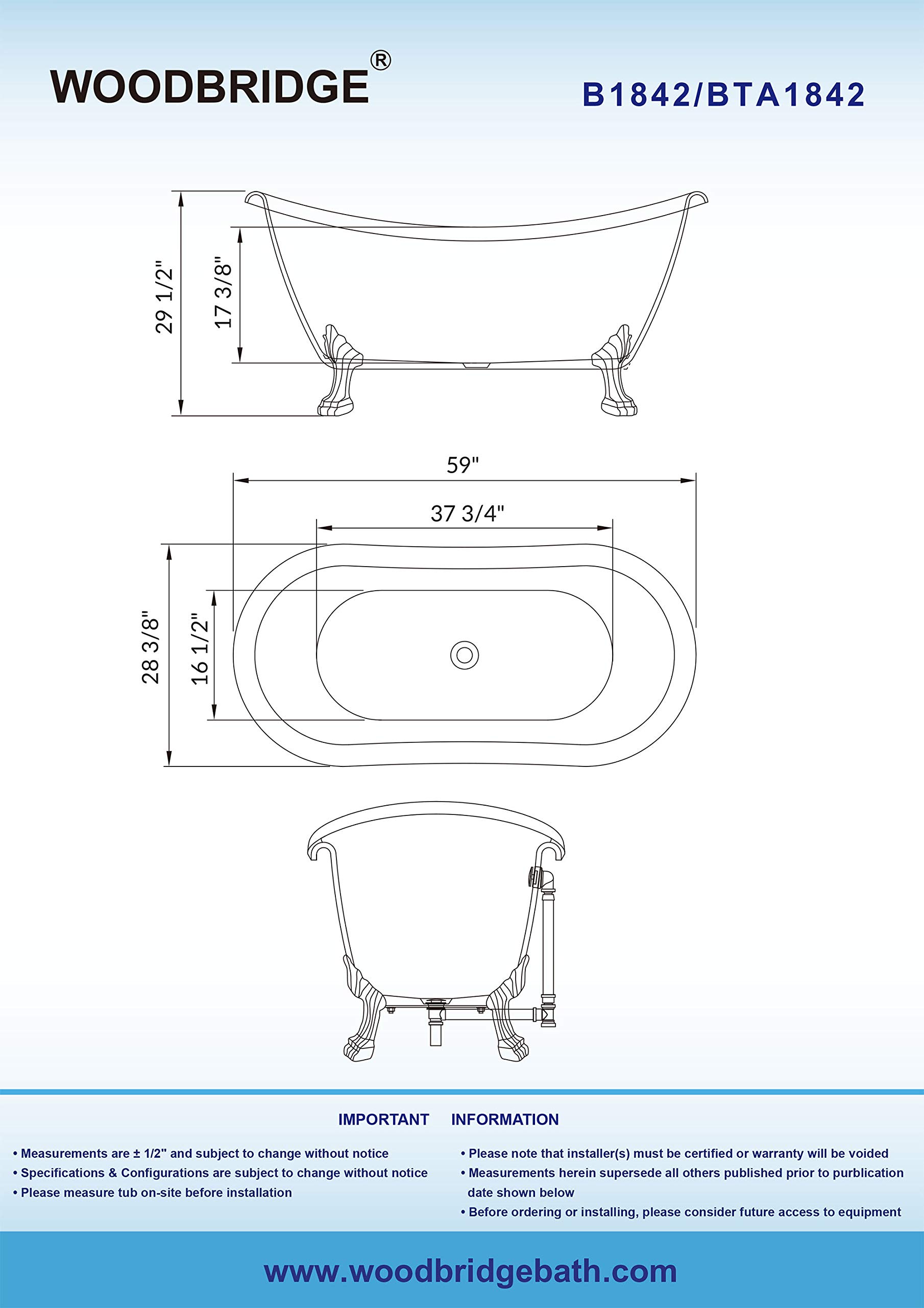 WOODBRIDGE 59" Double Slipper Clawfoot Bathtub with solid brass Polished Gold Finish drain and overflow + PG Faucet