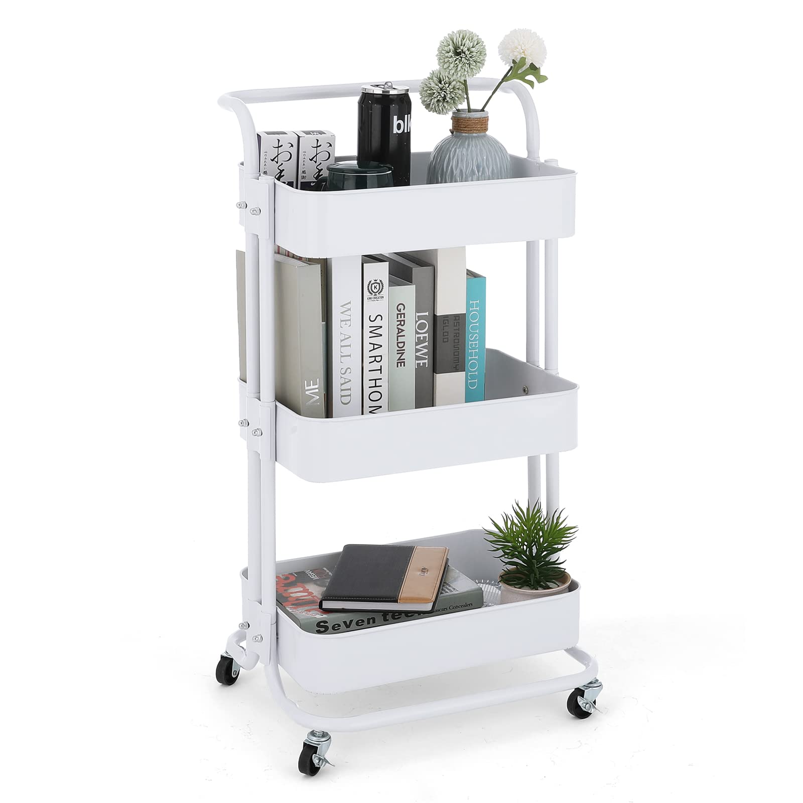 KVLUAY 3 Tier Utility Rolling Cart with Handle,Metal Rolling Organization Cart,Multifunctional Storage Cart with Lockable Wheels,Suitable for Office Living Room Bathroom Kitchen (White)