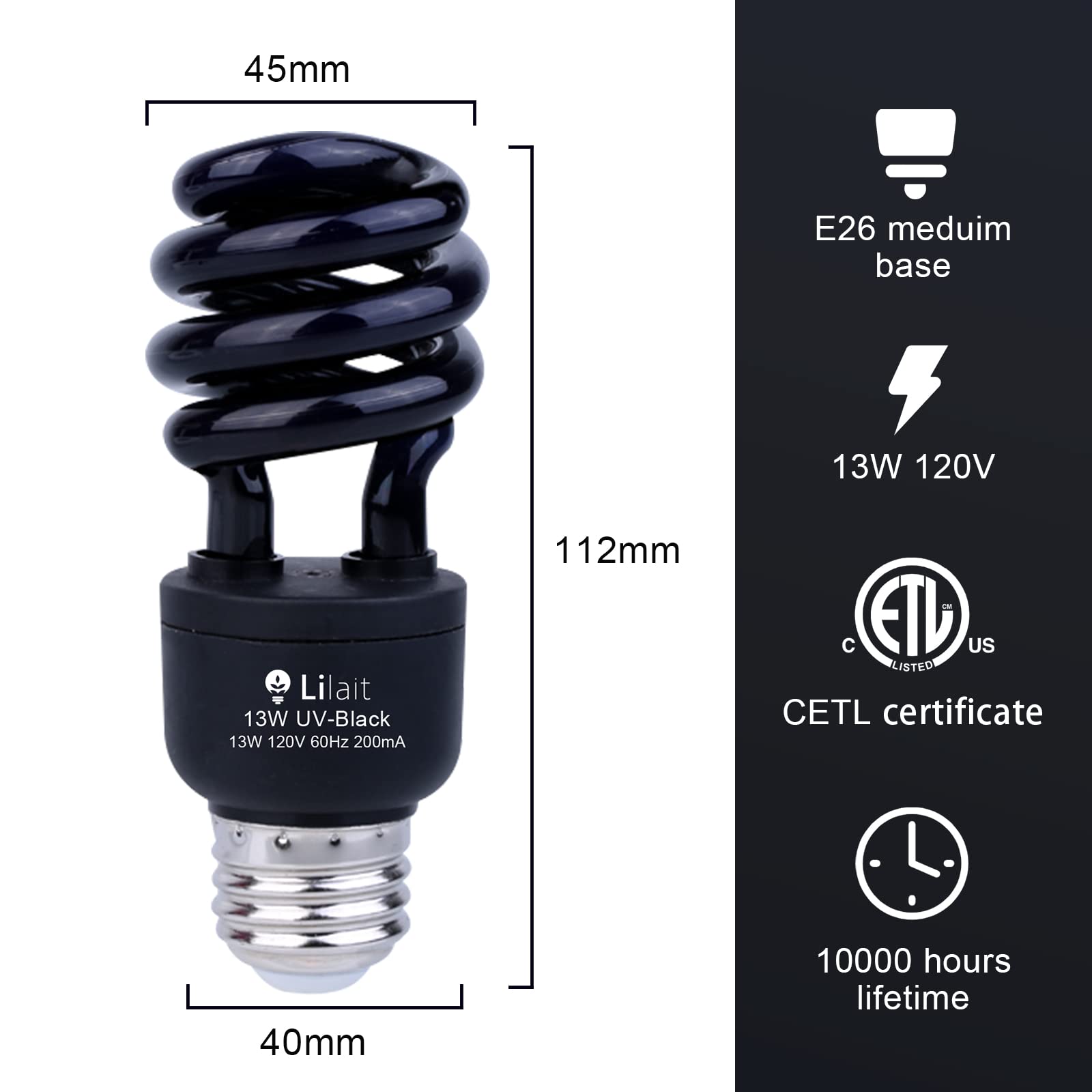 LILAIT CFL 13 Watt UV Blacklight Bulbs CETL Approved E26 Base 120V for Indoor and Outdoor (UV Black)