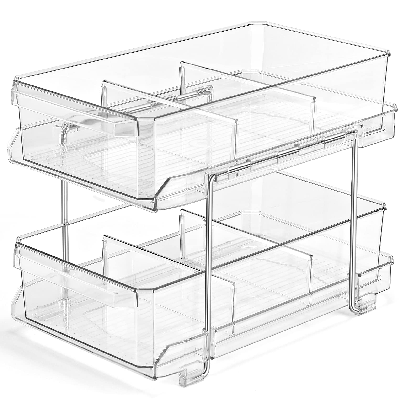 LANDNEOO 2 Tier Clear Organizer with Dividers + Set of 8, Stackable Clear Bins with Removable Dividers - Pantry Food Snack Organization and Storage - Multi-Purpose Plastic Home Organizer