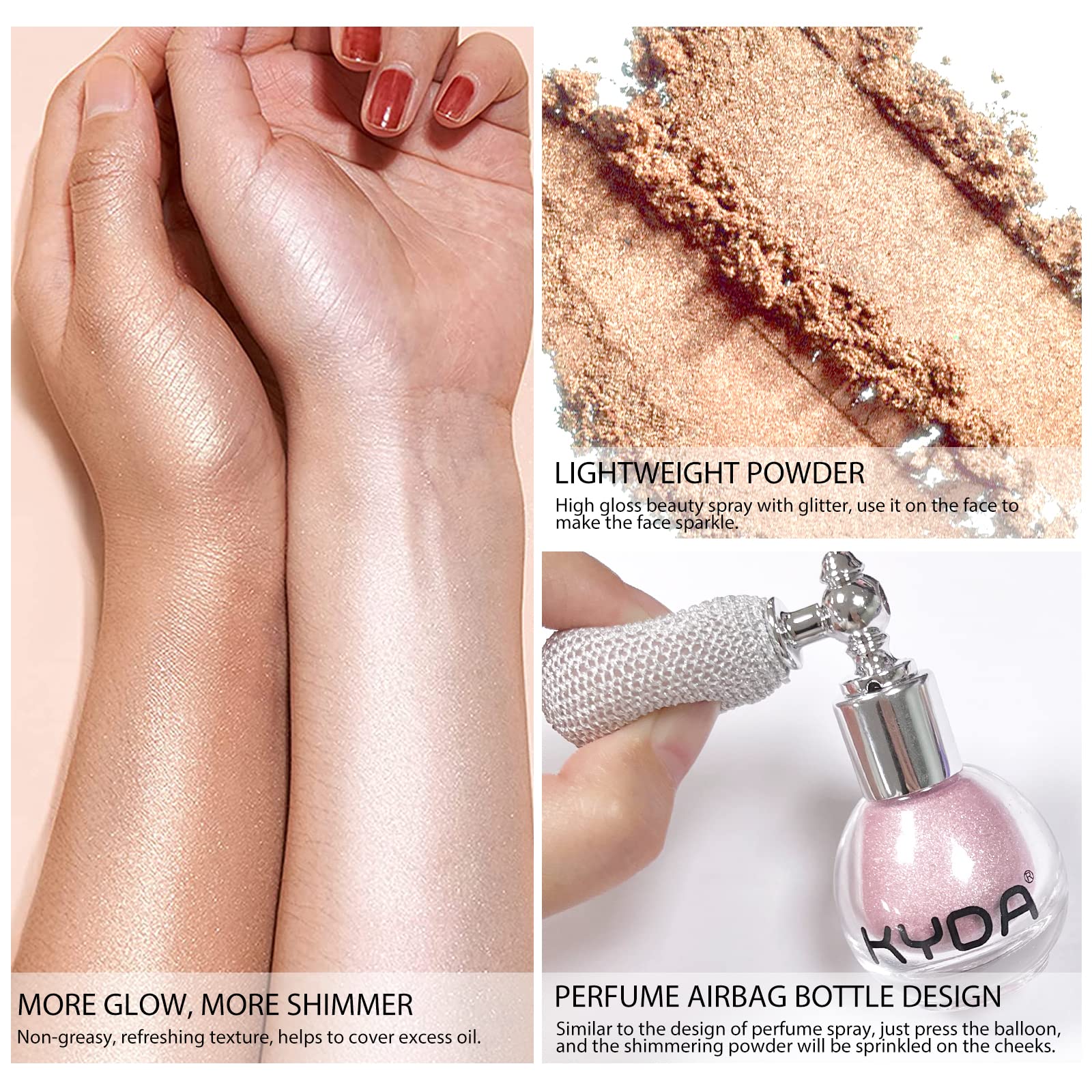 KYDA Highlighter Powder Spray, Glitter High Gloss Spray Shimmer Sparkle Powder Makeup Spray, for Face Body Cosmetic-Champagne Gold
