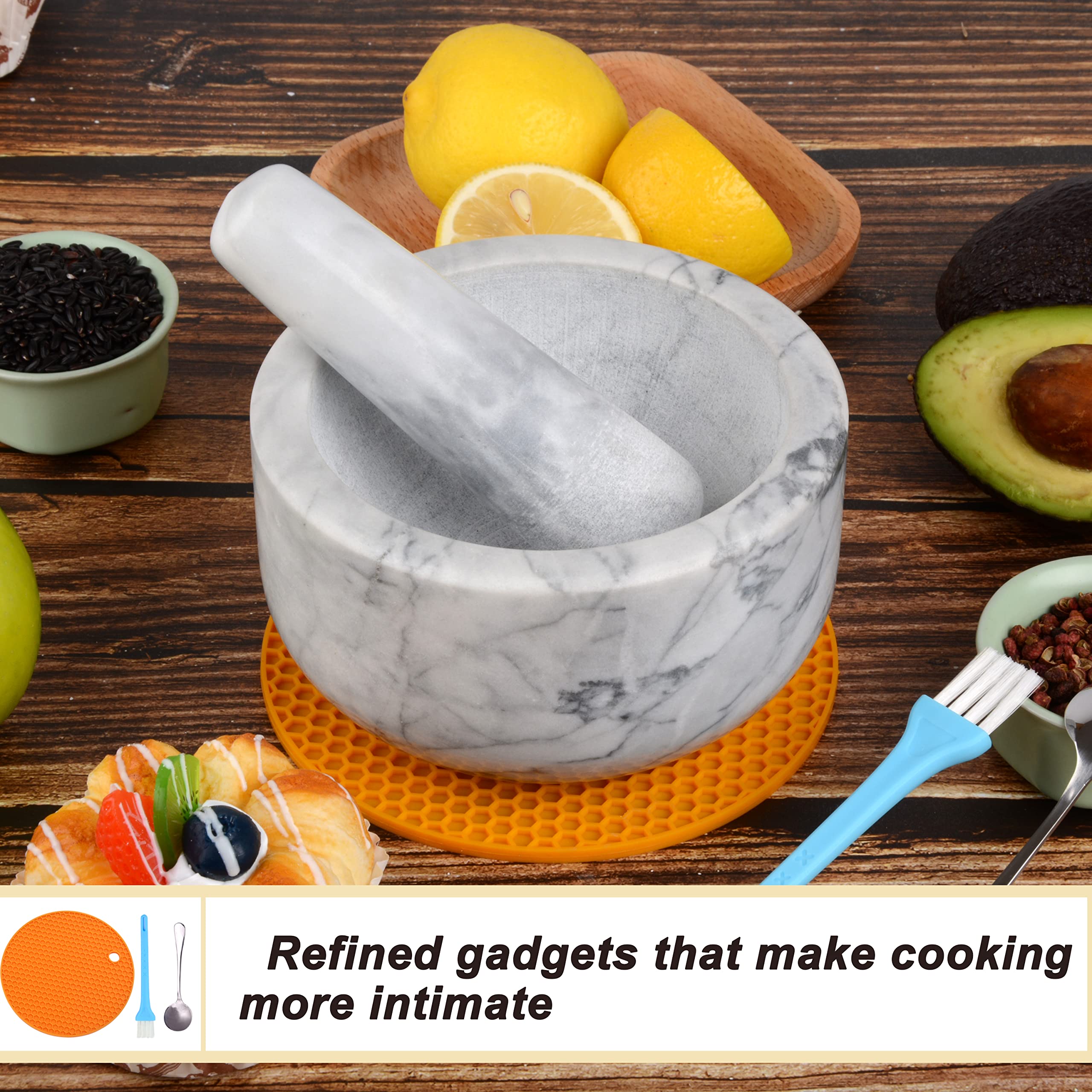 Mortar and Pestle Set Polished Natural Marble Stone Guacamole Molcajete Bowl with Base Silicone Pad,Matching Stainless Spoon and Matching Small Brush (Large, White Gray)