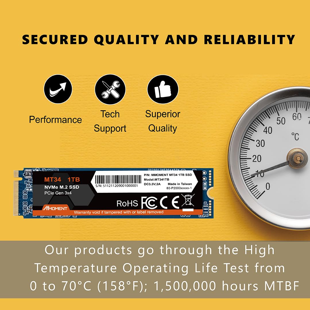 MMOMENT MT34 1TB PCIe Gen3 NVMe M.2 2280 Internal Solid State Drive, Gen3.0X4, Read Speed up to 2000MB/s, for Laptop and PC Desktop