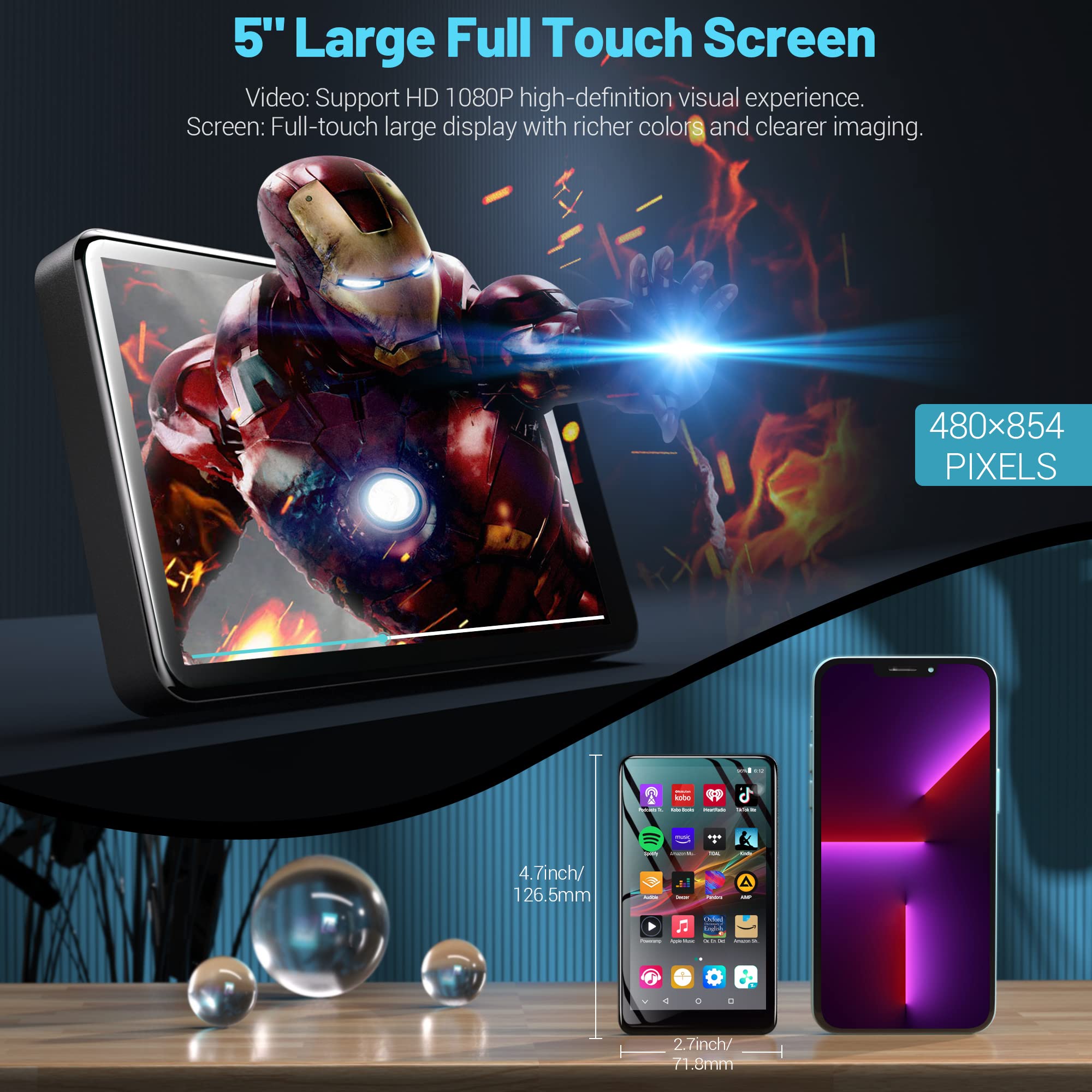 PECSU MP3 Player with Bluetooth and WiFi, Android Streaming Music Player with Spotify, 5" 1080P Full Touch Screen MP4 Player with Speaker, Lossless Walkman Digital Audio Player, Expandable up to 512GB