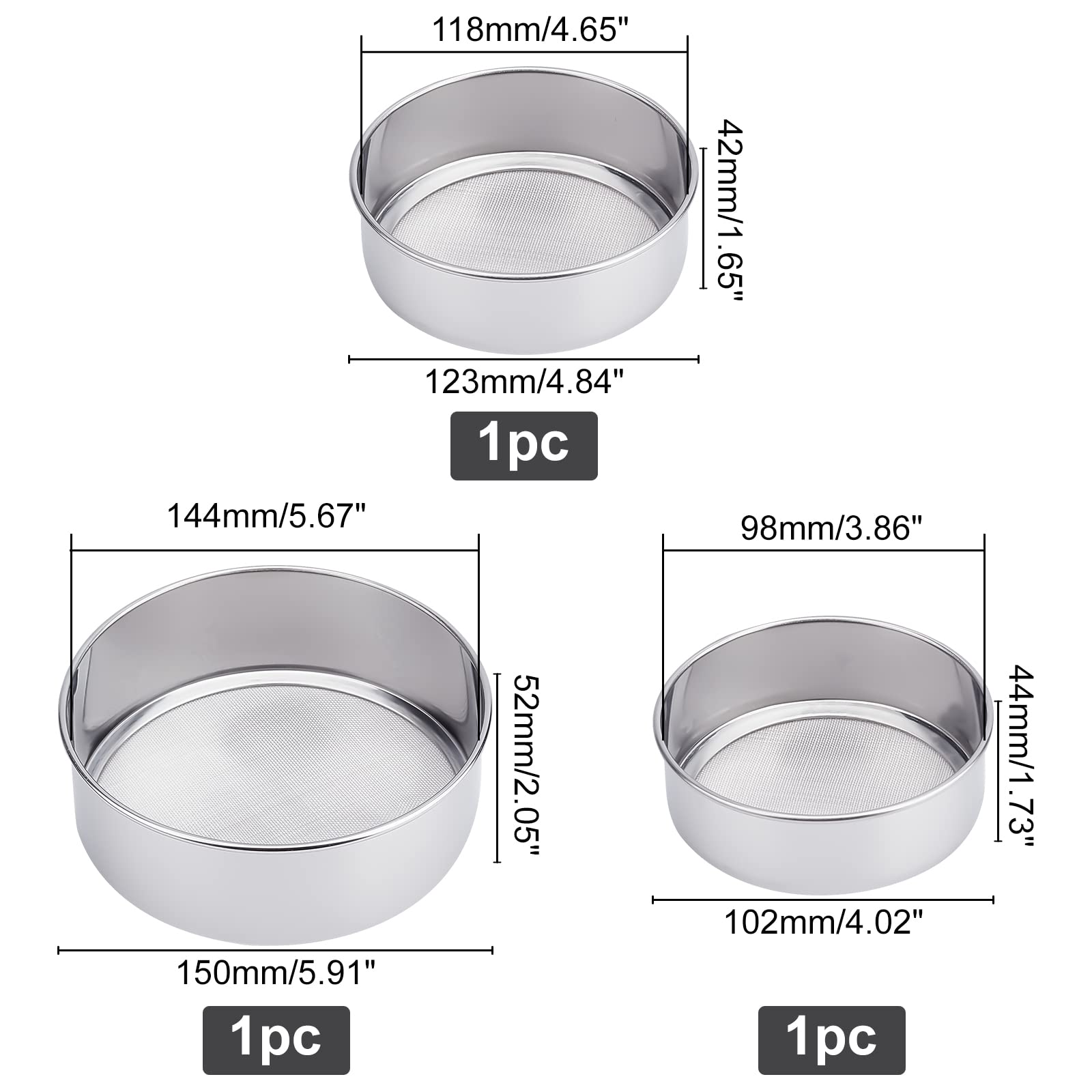 OLYCRAFT 3Pcs 201 Stainless Steel Lab Sieves #40 Mesh Wire Mesh Sieves 4"/4.8"/6" diameter Economy Test Sieves for Science Laboratories