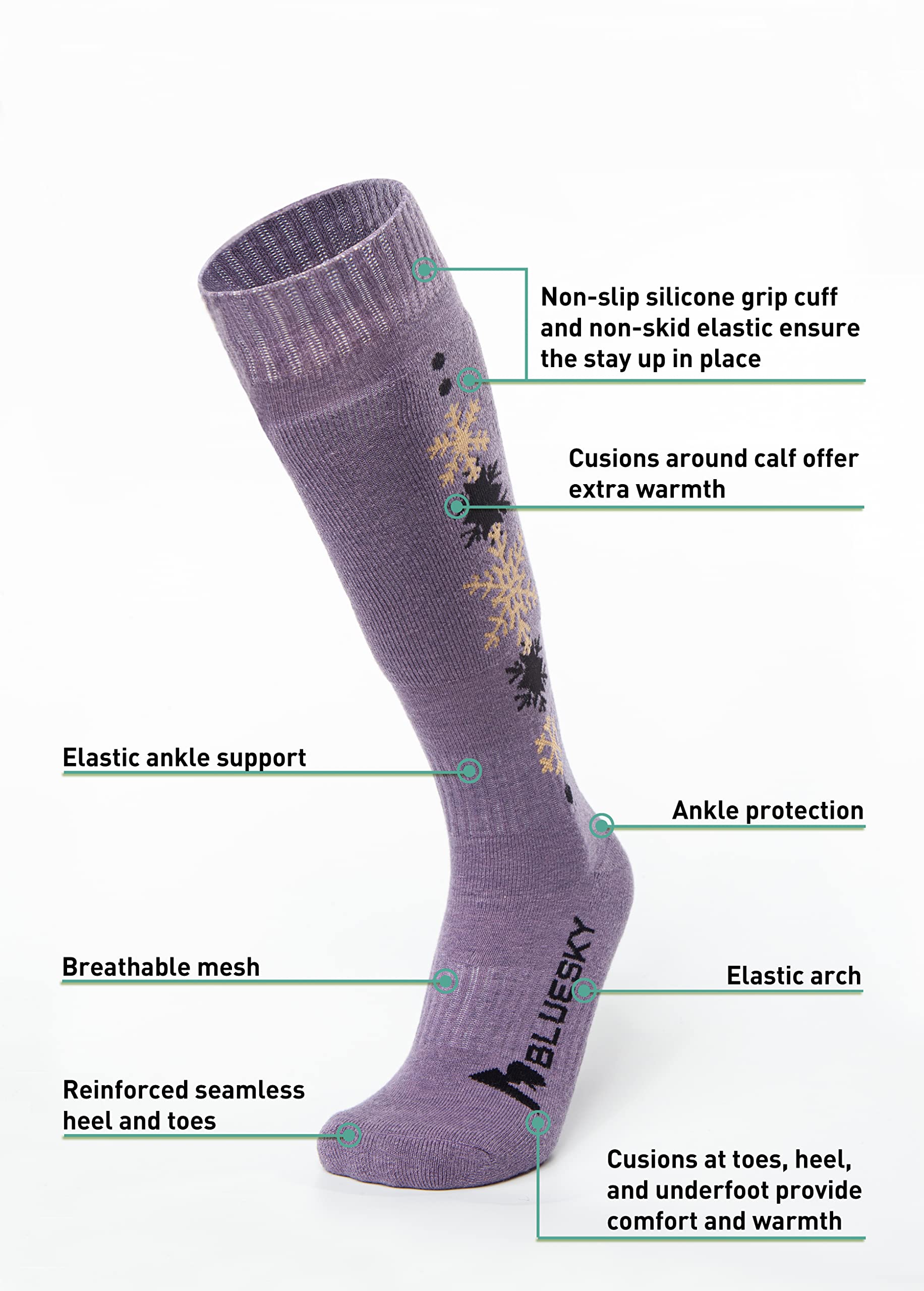 Merino Wool Ski Socks / Hiking Socks for Men&Women, Snowflake (Purple Medium)