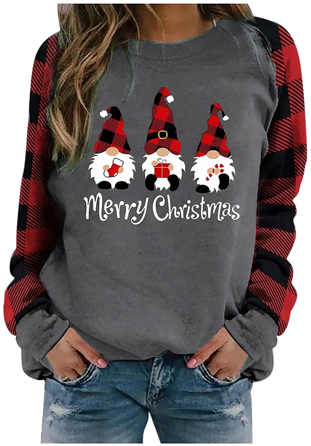 Lilychan Womens Merrry Christmas Thanksgiving Sweatshirts Xmas Plaid Tree Printed Shirts Long Sleeve Lightweight Pullover Shirts (Grey-C, X-Large)