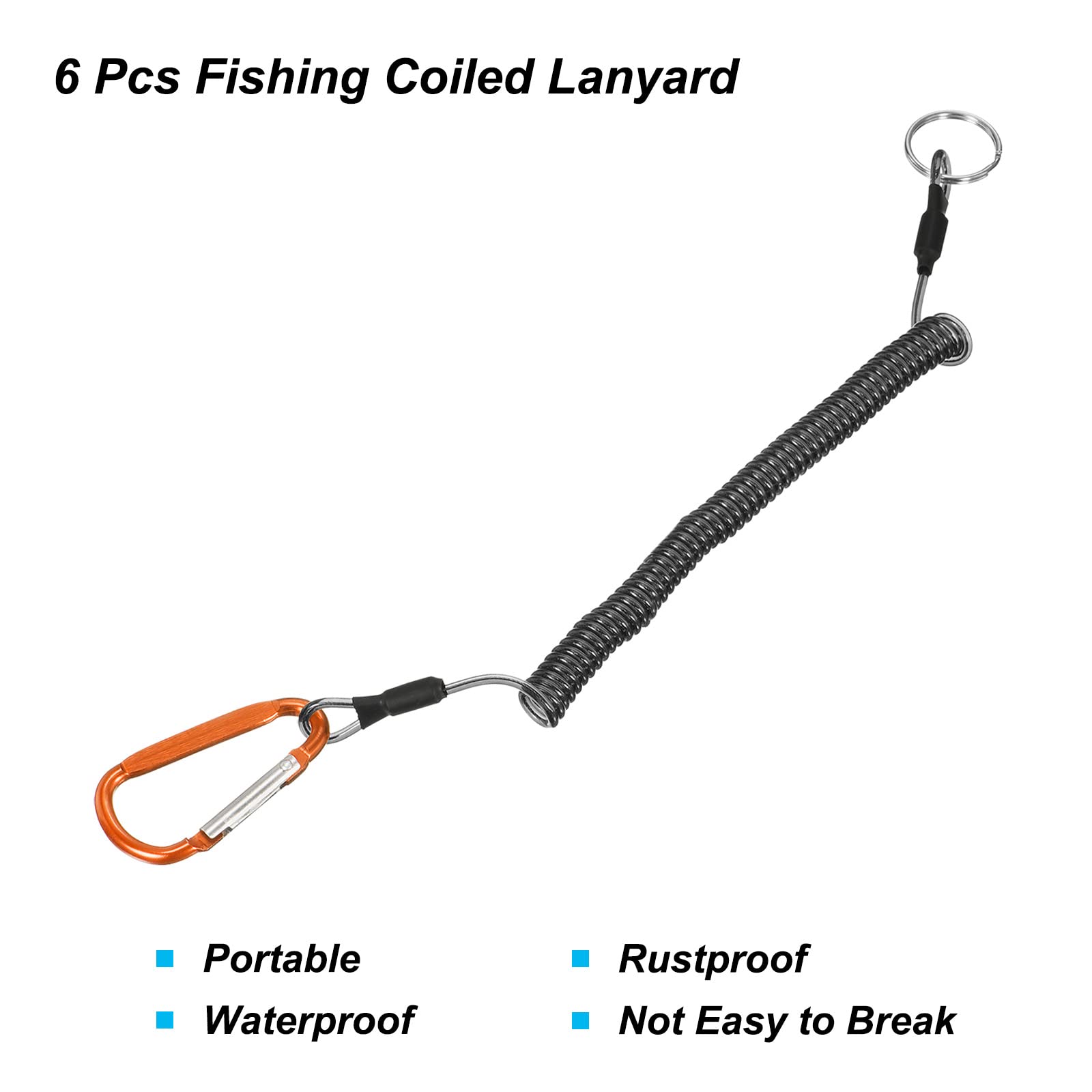 PATIKIL 4.9ft Fishing Tool Lanyard, 6 Pack Safety Cord Spiral Lanyard Tether Retractable with Orange Metal Clip Keychain for Boating Kayak, Clear Black
