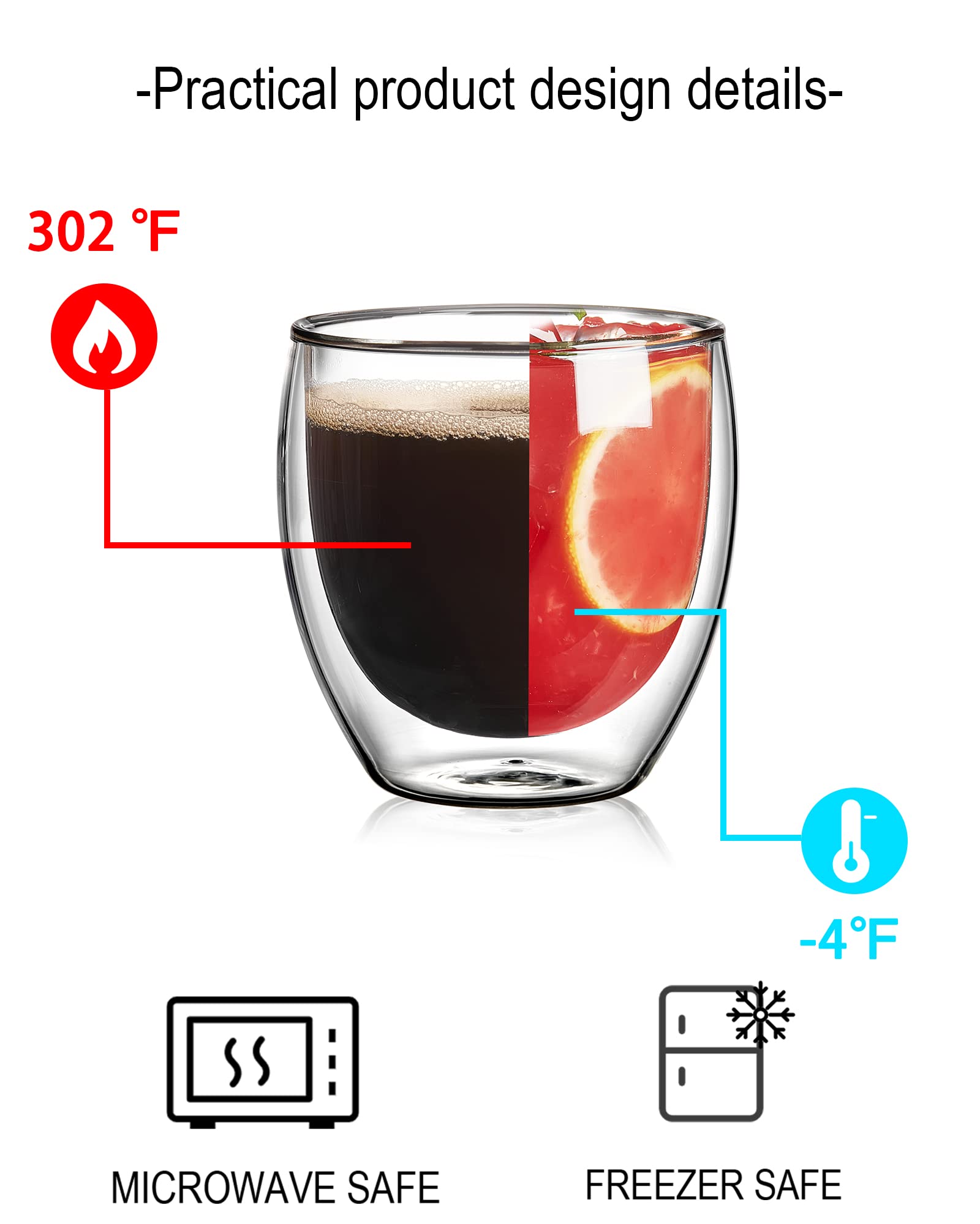 Nachell Glass Espresso Cups Set of 4-8 oz Double Wall Glass Coffee Mugs Clear Coffee Tumblers,Insulated Borosilicate Glass Drinking Cups for Latte Cappuccino Tea Drink