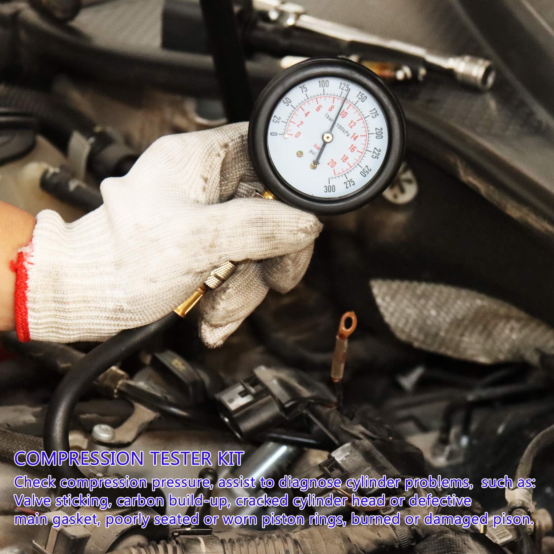 JIFETOR Compression Tester Kit, Small Engine Cylinder Test Pressure Gauge Tool Set for Testing Motorcycle Car Automobile Outboard Motor Chainsaw Snowmobile Auto Gasoline Petrol Gas Engine, 300PSI