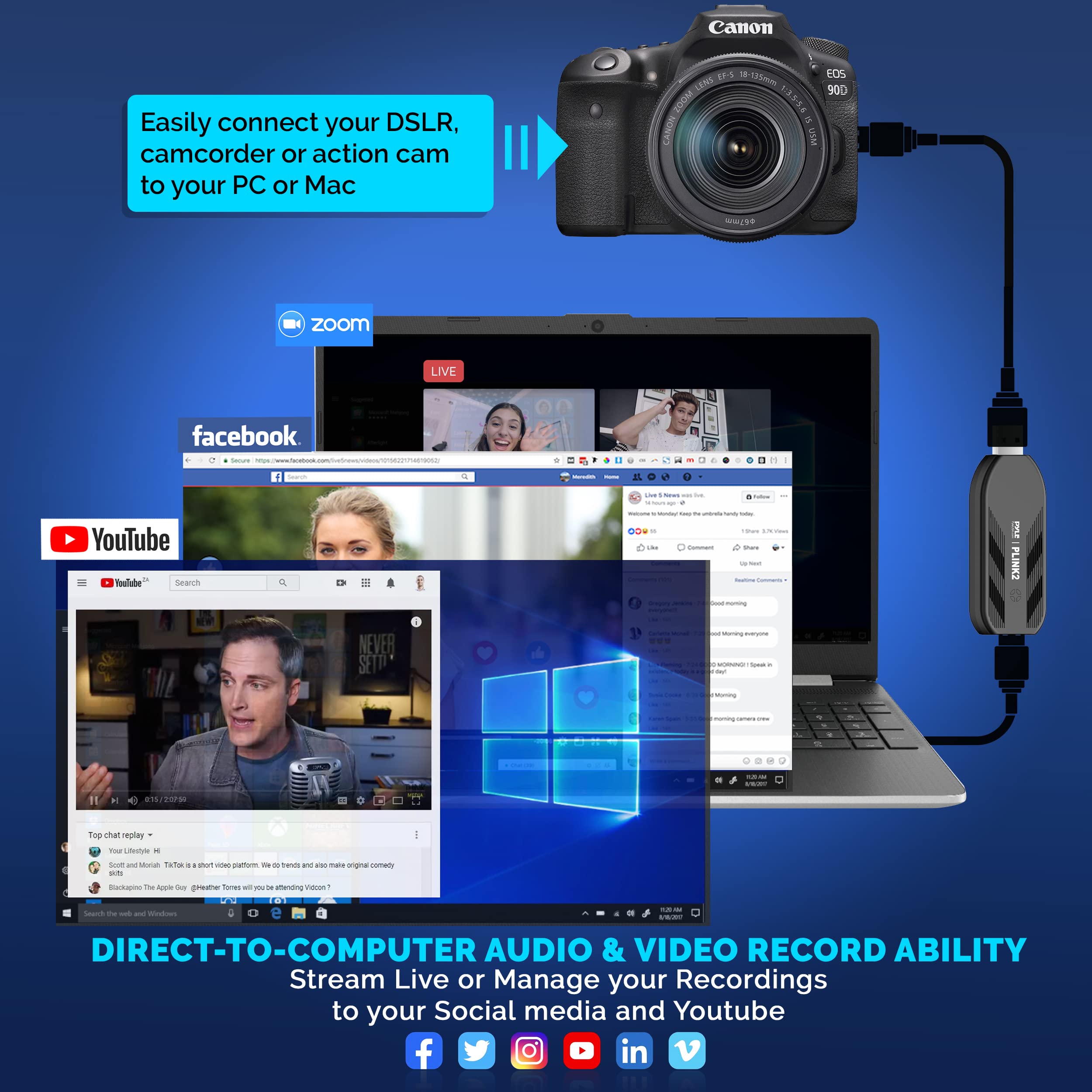 Pyle HDMI Video Capture Card Camera Link 4K USB3.1 GEN1 HDMI-to-USB Audio-Video Recording DSLR Camcorder Action Cam,Record Directly to Computer for Gaming Streaming,Conference LiveBroadcast PLINK2.5