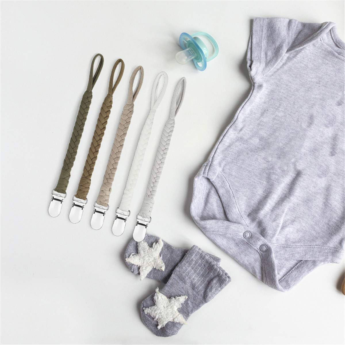 Pacifier Clip for Boys and Girls Binky Holder Pacifier Holder Leash Smoother Clip Handmade Braided Fits All Pacifiers -Modern Unisex Baby Birthdays Gift(5 Pack)