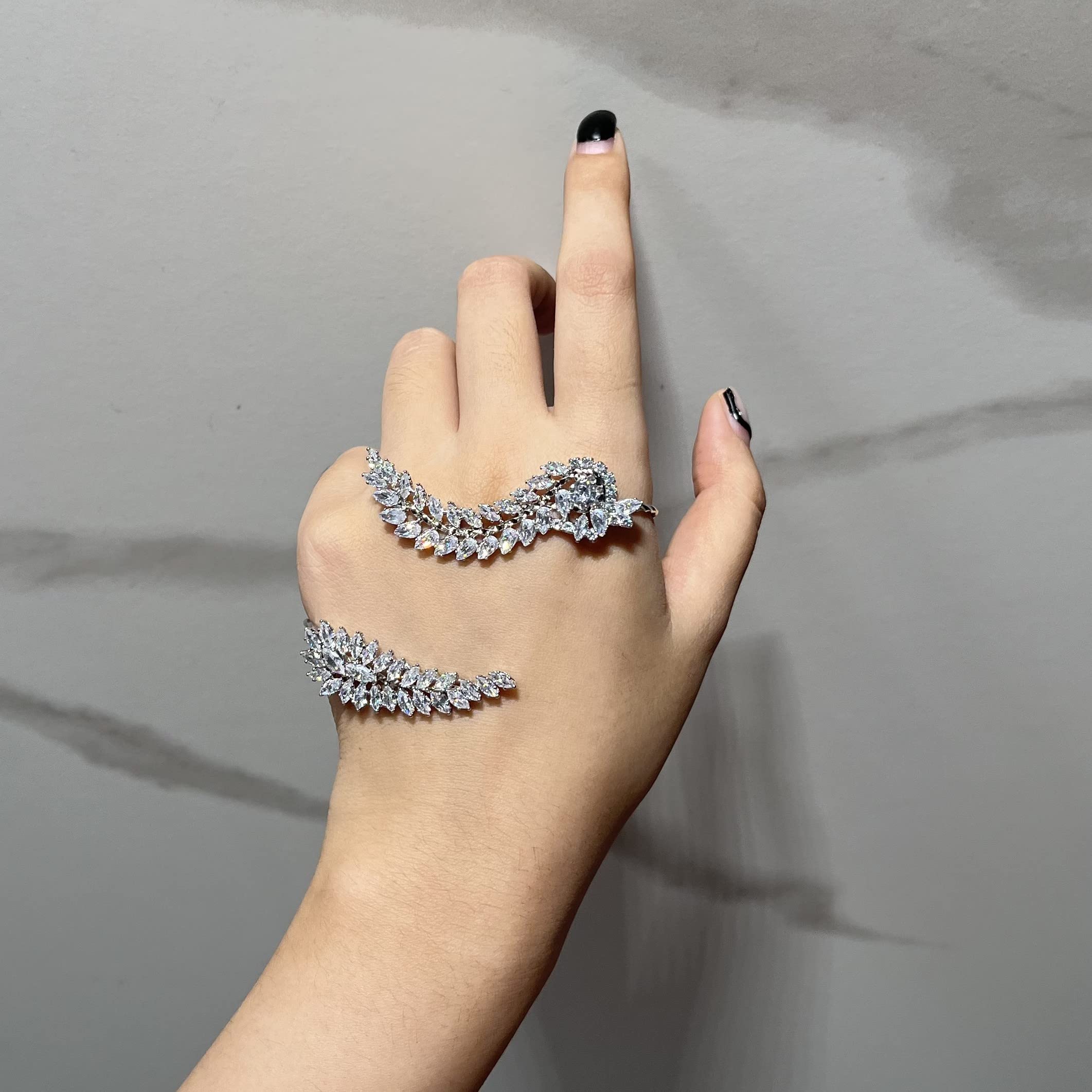 Mytys Silver Adjustable Palm Rings for Women-Cubic Zirconia Open Hand Palm Bracelet Ring-Full CZ Multiple Finger Ring (Eternity Branch Silver)