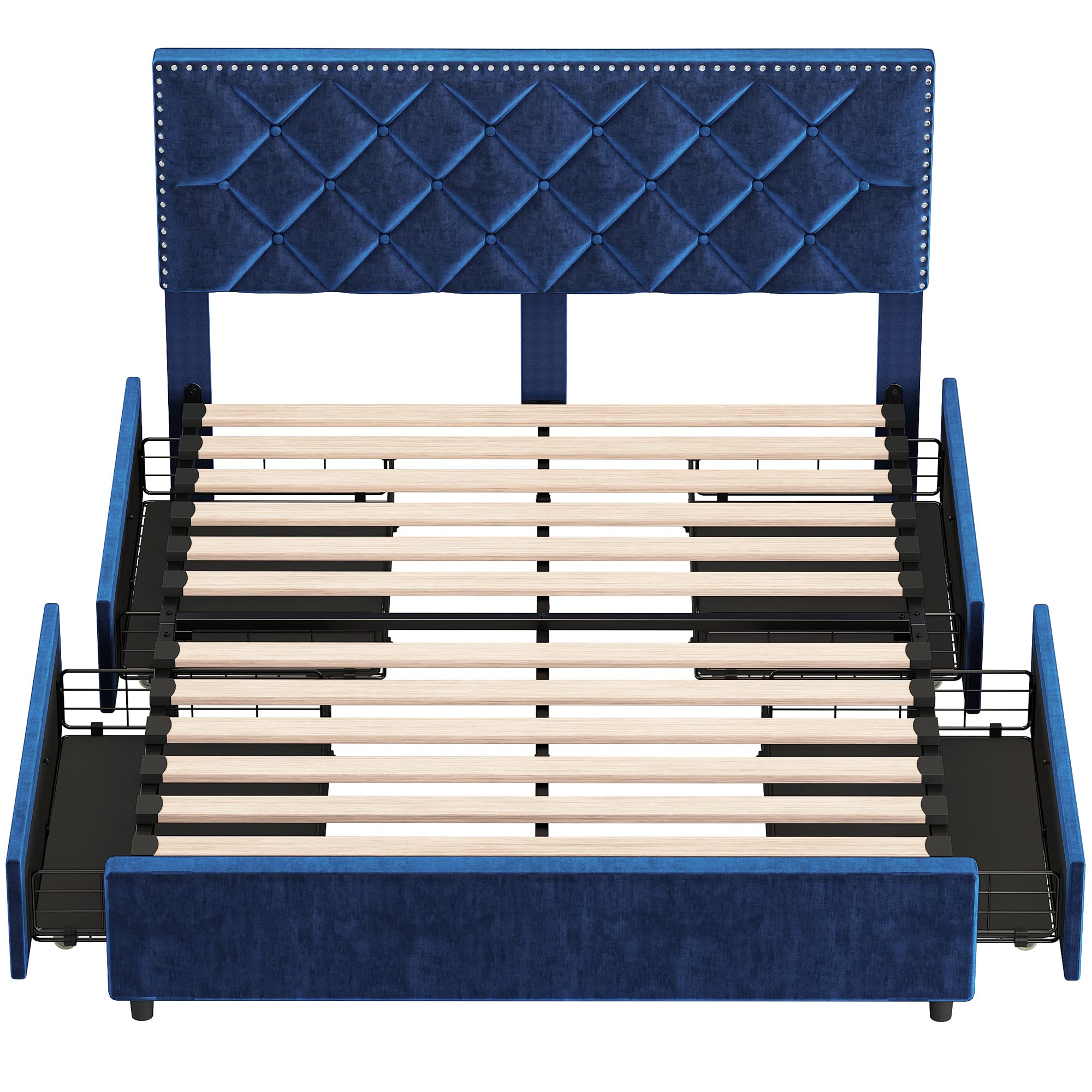 LIKIMIO Queen Bed Frame with 4 Storage Drawers, Velvet Upholstered Headboard with Button Tufted & Rivets, Easy Assembly, No Box Spring Needed (Blue, Queen)