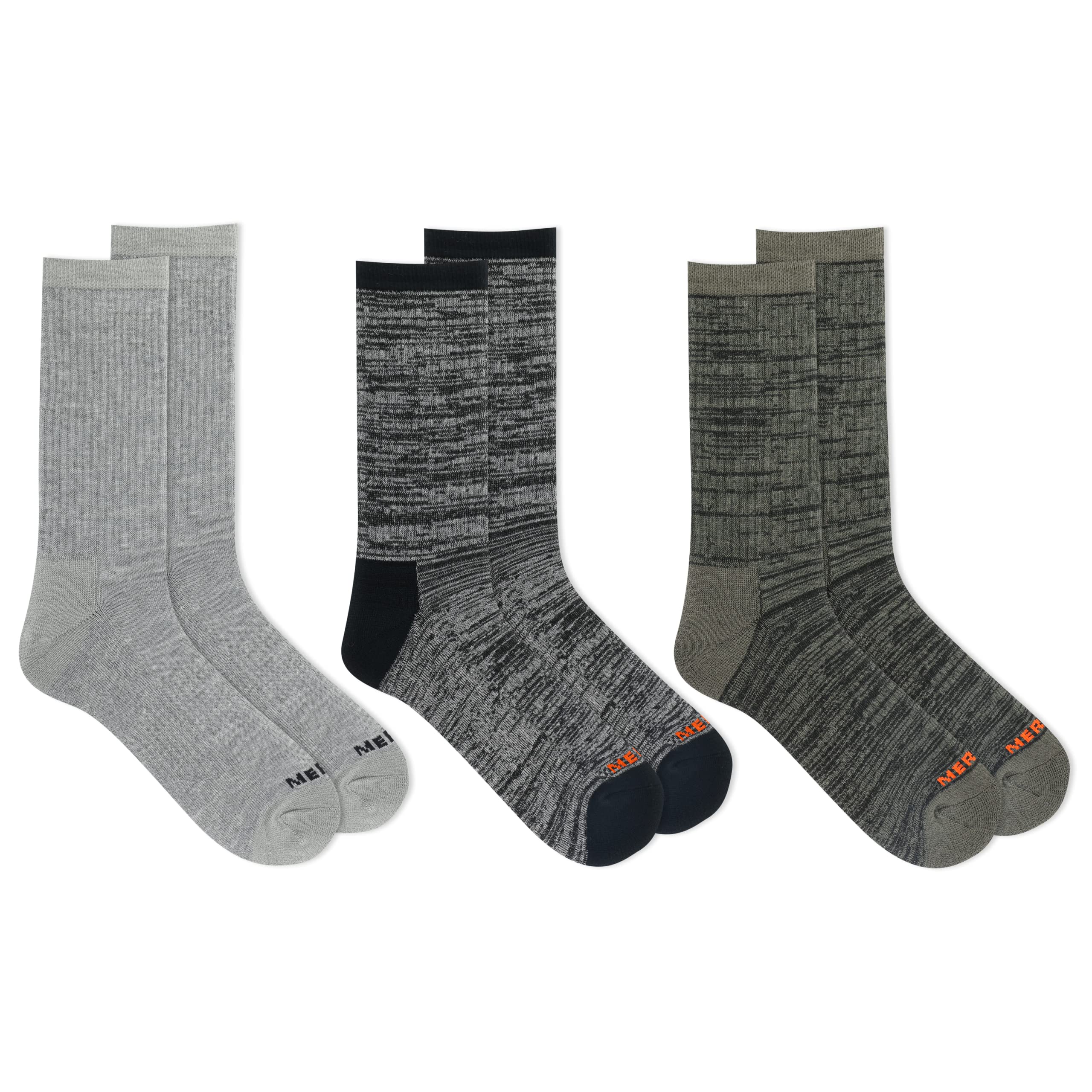 Merrell Adult's Lightweight Wool Hiking Crew Socks-3 Pair Pack-Unisex Arch Support Band, Black Assorted, S/M (Men's 5-8.5 / Women's 5-9.5)