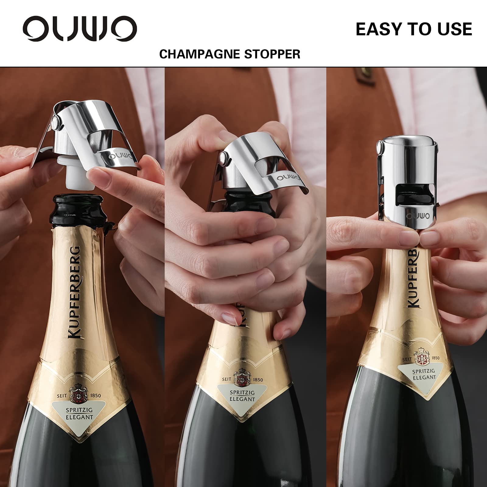 OUWO Champagne Stopper 6 Pack Stainless Steel Champagne Save with Food Grade Silicone,Leak-Proof Bubble Retaining Saver,Suitable for Champagne Prosecco Cava and Sparkling (Silver)