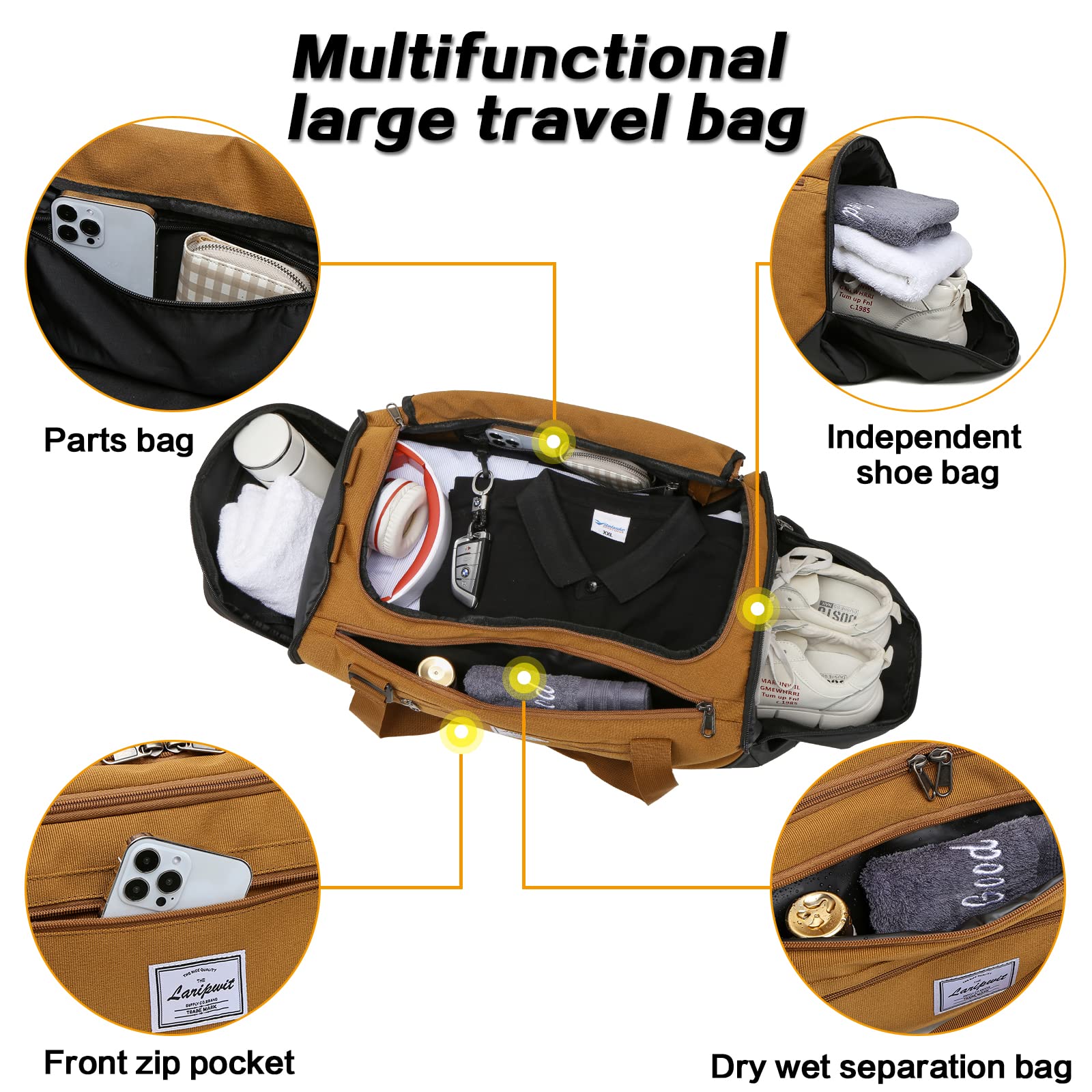 Laripwit Travel Duffle Bag for men 40L Medium Sports Gym Bag with Wet Pocket & Shoes Compartment Weekender Overnight Backpack for Traveling Duffel Bag Backpack for Women, Brown